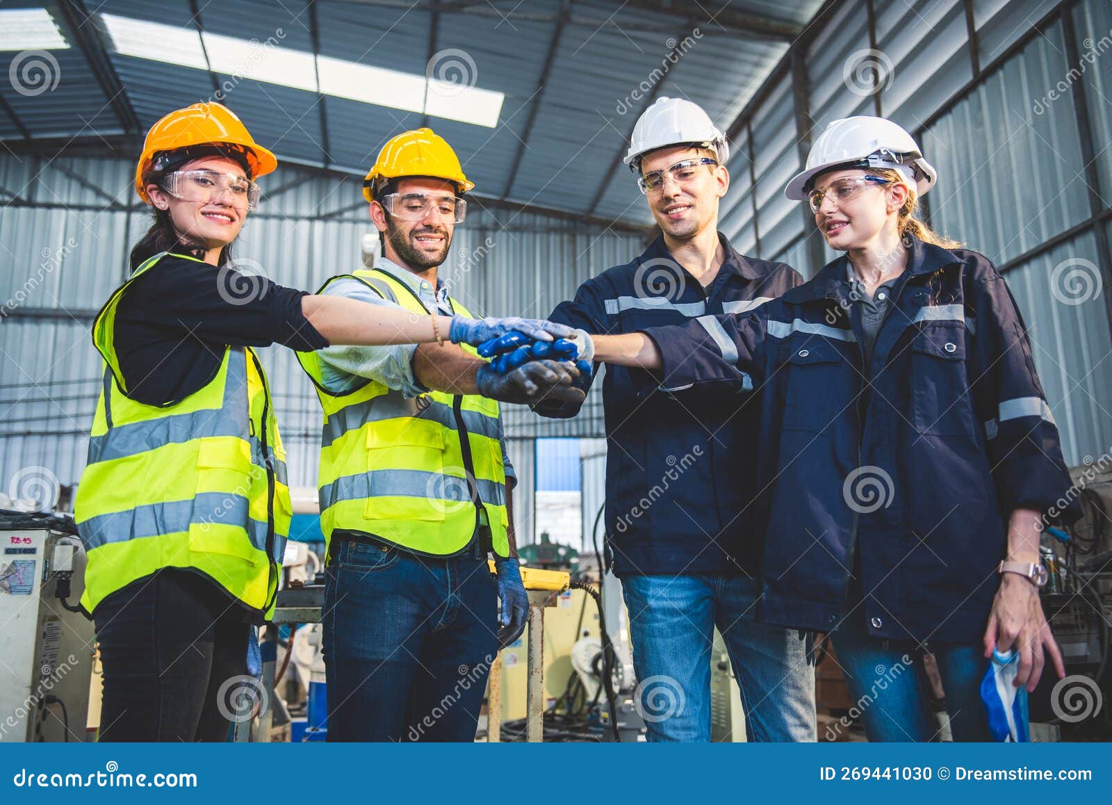 Engineers Team Mechanic Making Pile of Hands in Steel Factory Workshop ...