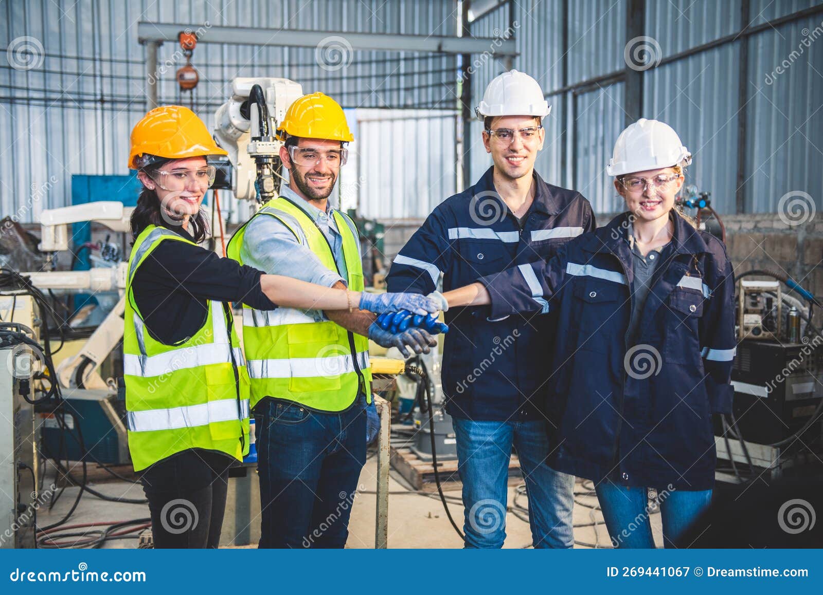 Engineers Team Mechanic Making Pile of Hands in Steel Factory Workshop ...