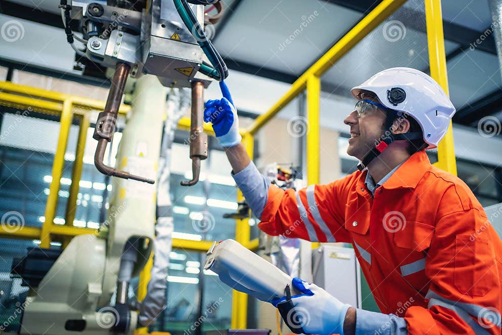 Engineers Team Mechanic Using Computer Controller Robotic Arm for ...