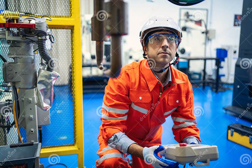 Engineers Team Mechanic Using Computer Controller Robotic Arm for ...