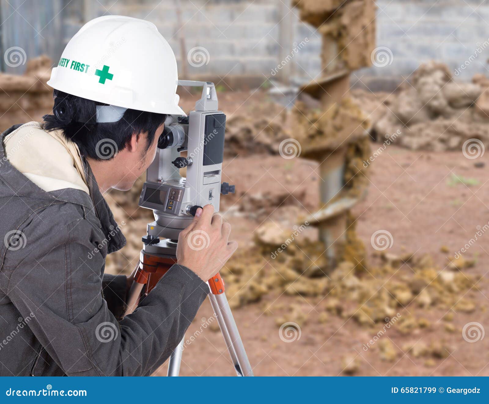 Engineers Use Tacheometer Or Theodolite For Survey Line Columns Stock ...