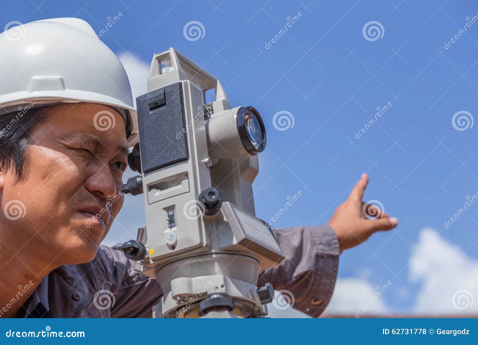 Engineers Use Tacheometer or Theodolite for Survey Line Columns Stock ...