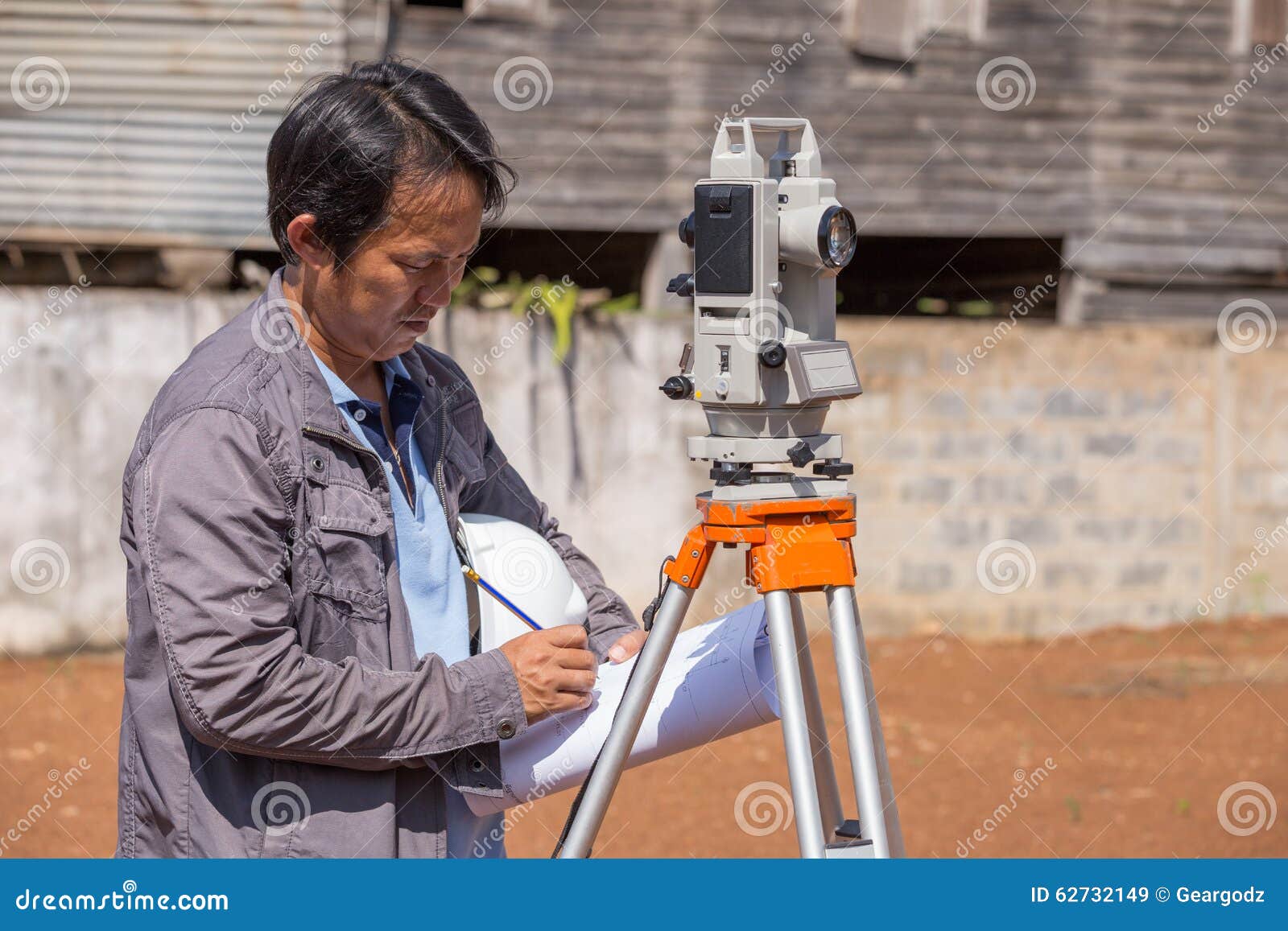 Engineers Use Tacheometer or Theodolite for Survey Line Columns Stock ...