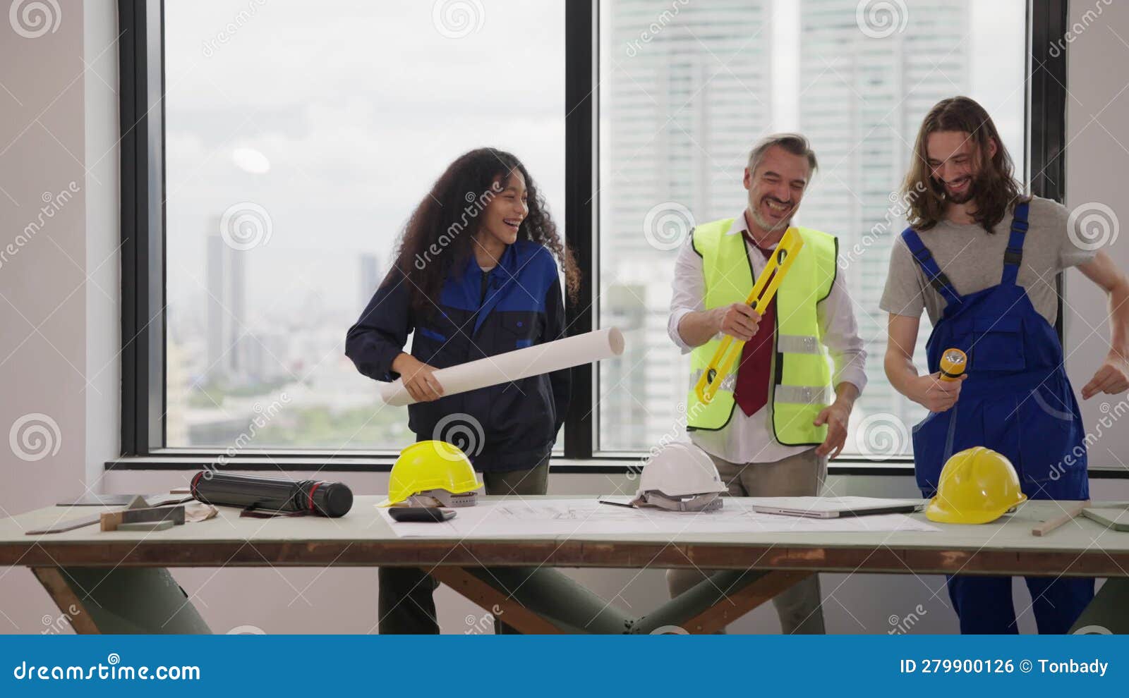 Engineers Using Blueprint of Project Plan Brainstorming and Working ...