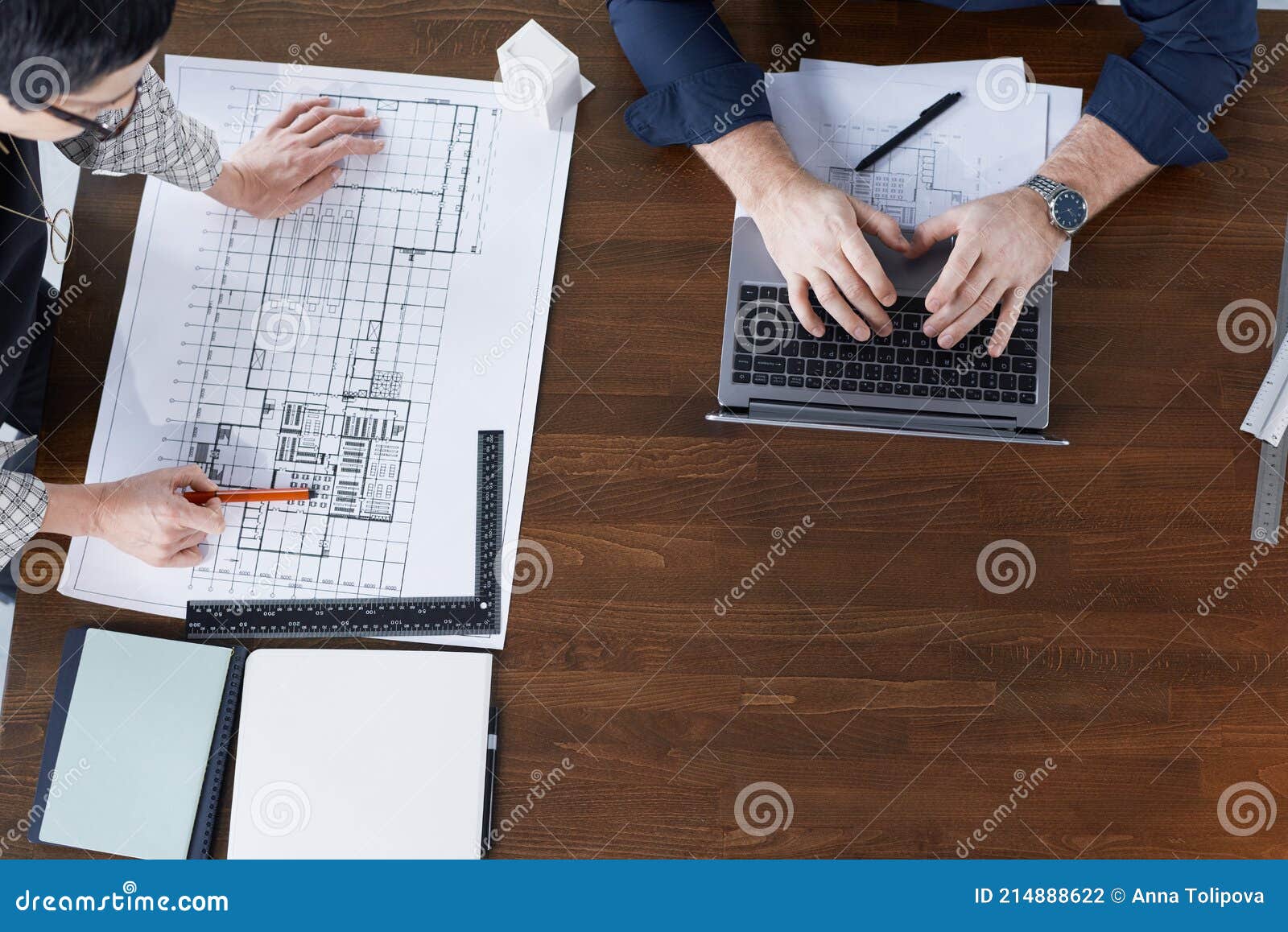 Engineers Using Laptop To Draw Blueprint Stock Photo - Image of ...