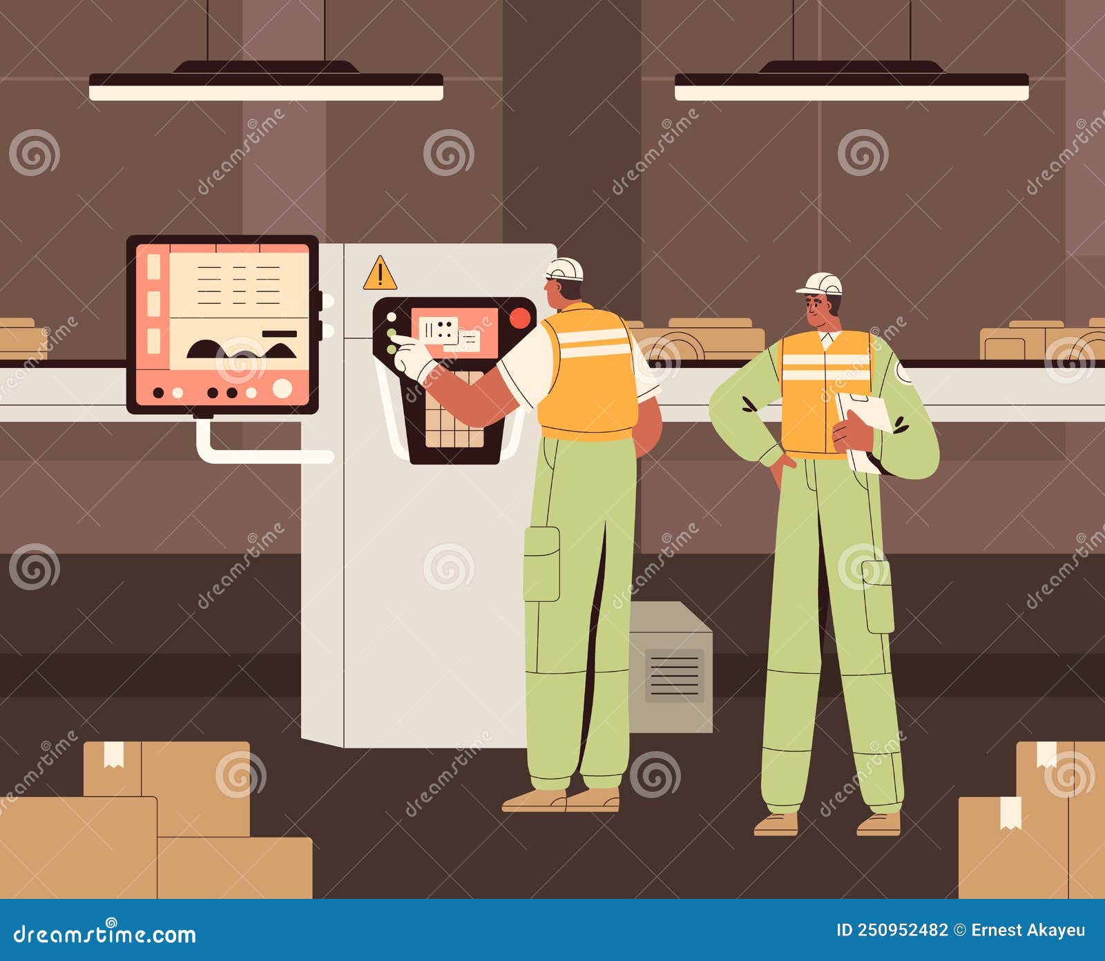 Engineers Workers Controlling Factory Work, Conveyor Belt with Computer ...