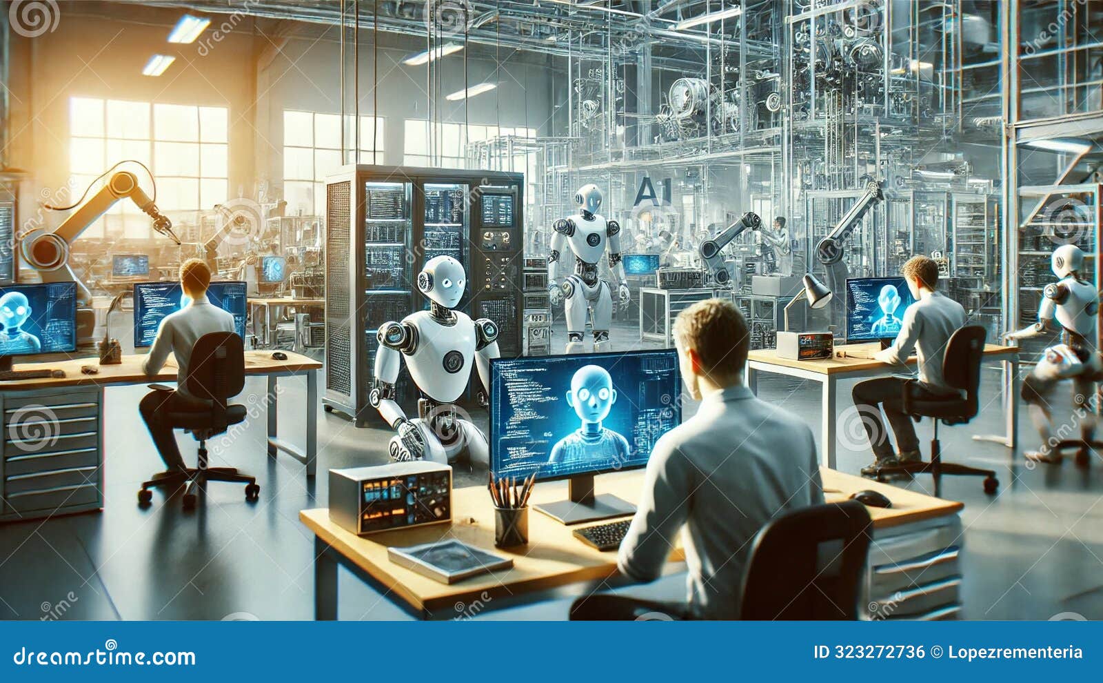 Engineers Working on Advanced AI Robots in High-Tech Robotics Lab Stock Illustration ...