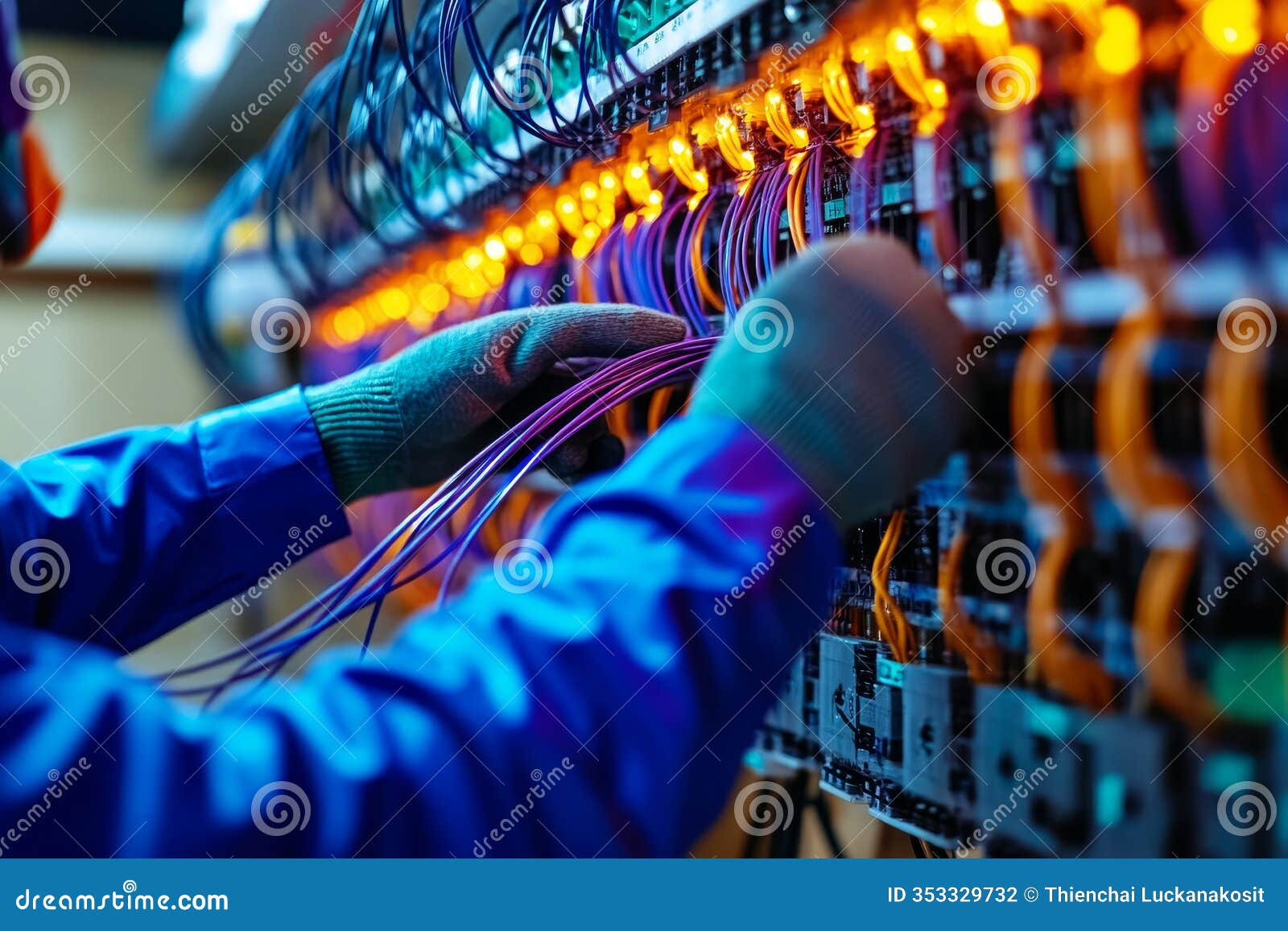 Engineers Working on Fiber Optic Installation with Glowing Cables Stock ...