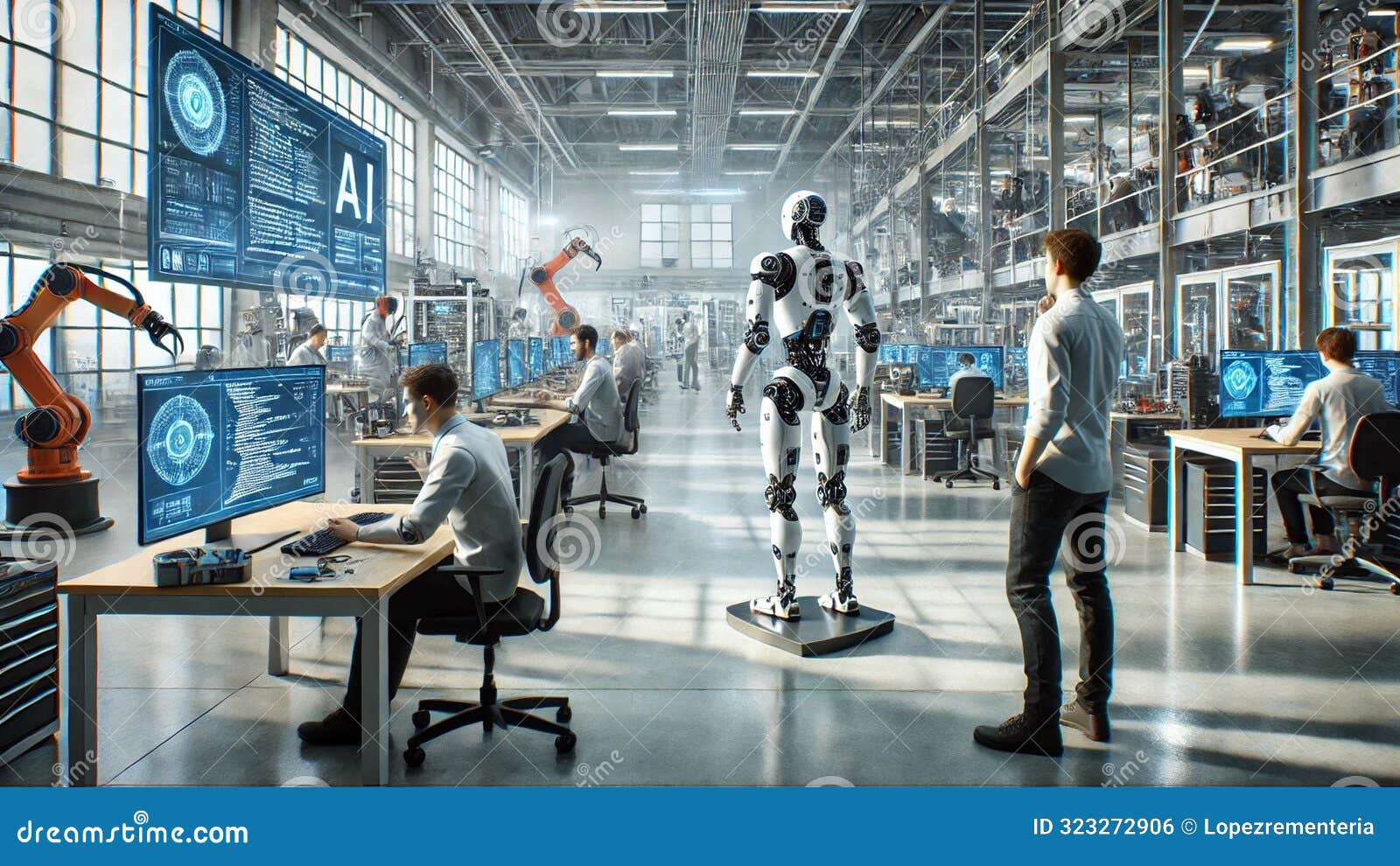 Engineers Working on Humanoid Robots and AI Systems in High-Tech Robotics Lab Stock Illustration ...