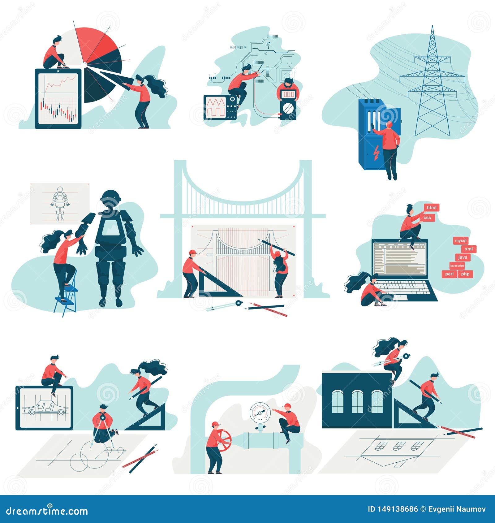 Set Of Electricians And Engineers Working With High Voltage Electricity ...