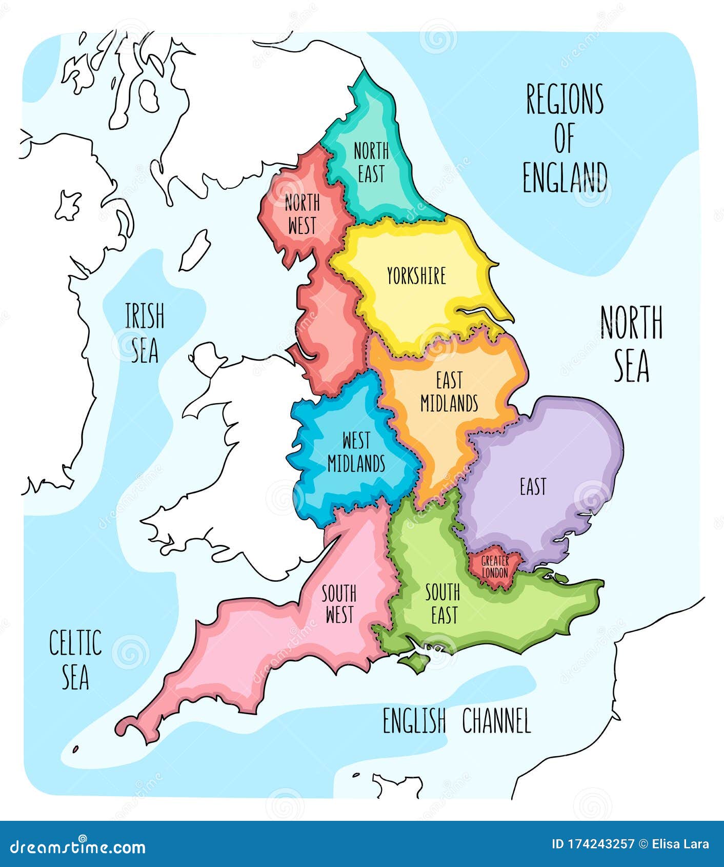 Hand Drawn Map of England with Regions. Stock Vector - Illustration of ...
