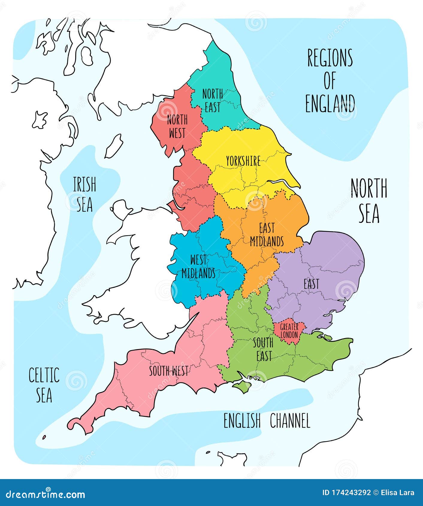 Hand Drawn Map of England with Regions. Stock Vector - Illustration of ...