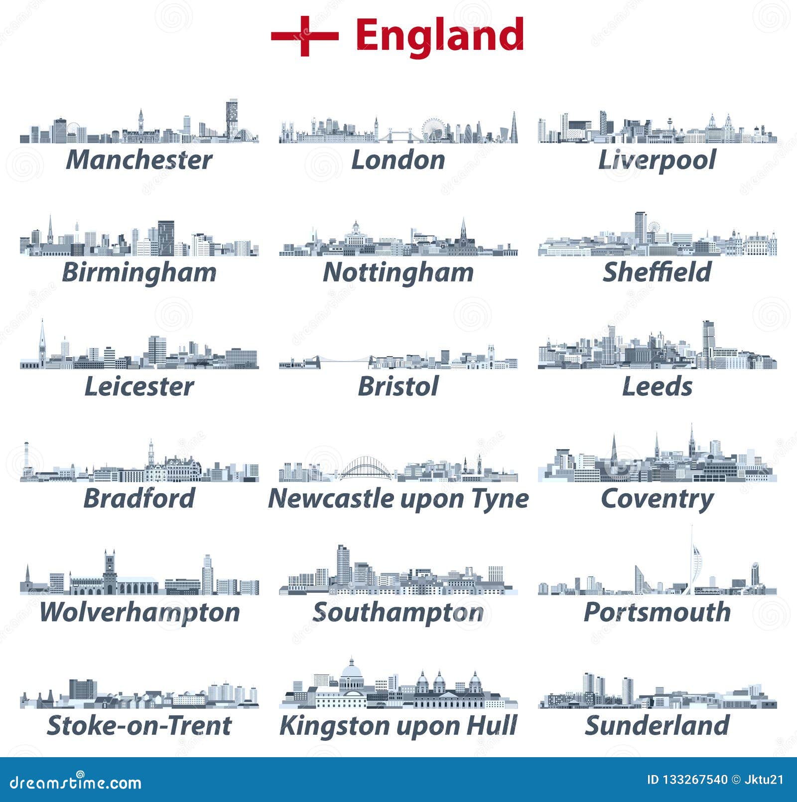 England Largest Cities Vector Skylines Illustrations in Tints of Blue ...