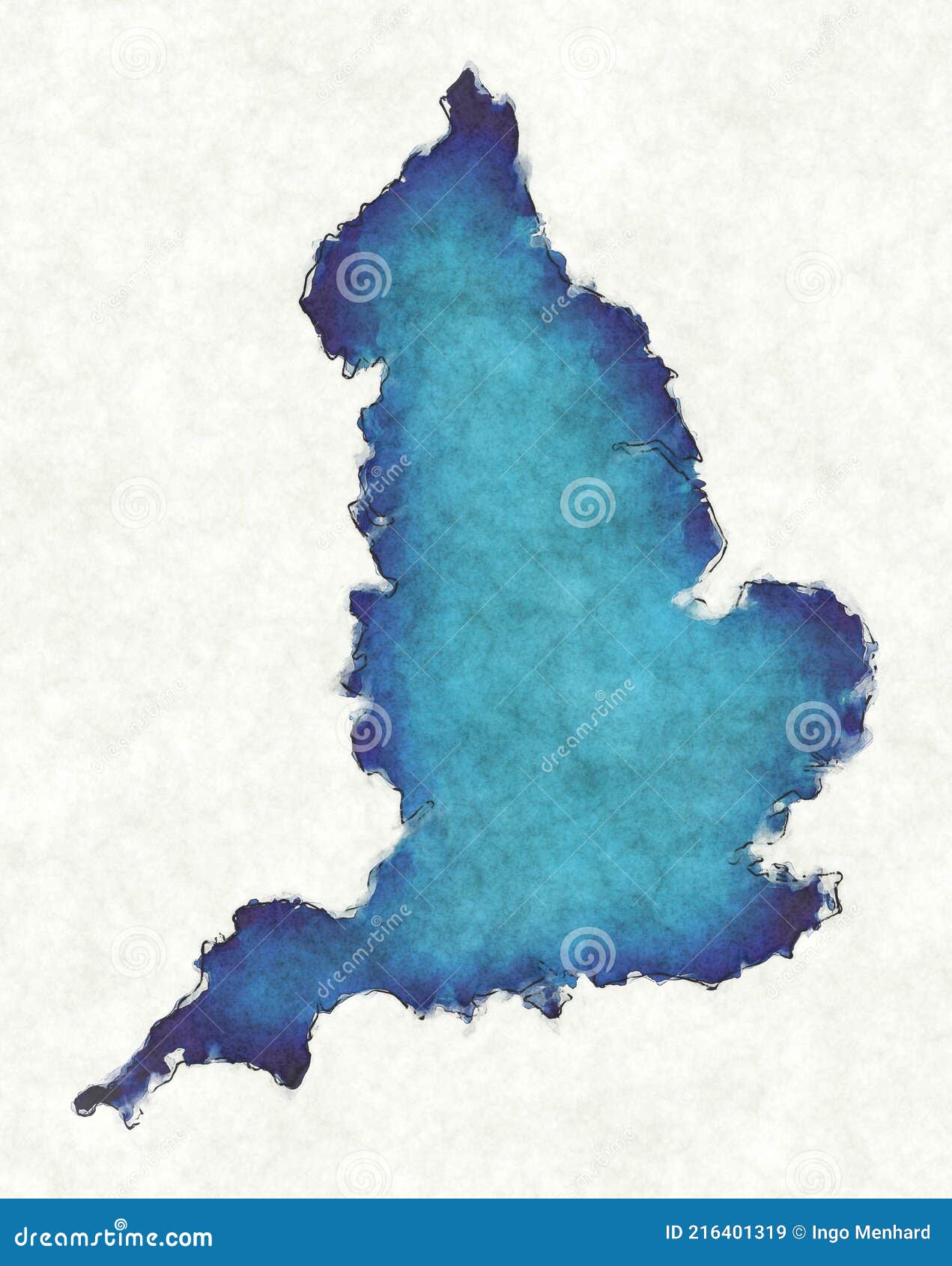 England Map with Drawn Lines and Blue Watercolor Illustration Stock ...