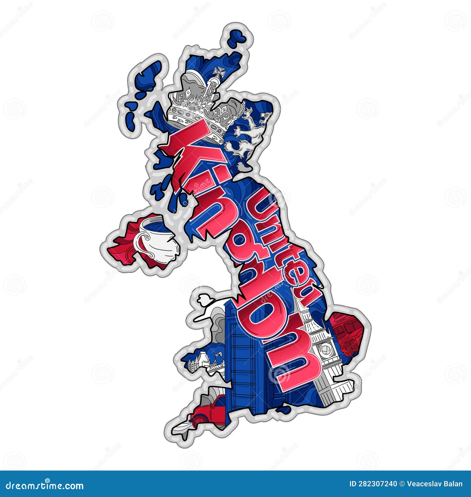 England Map in Hand Drawn Doodle Style with Main National Values. Stock ...