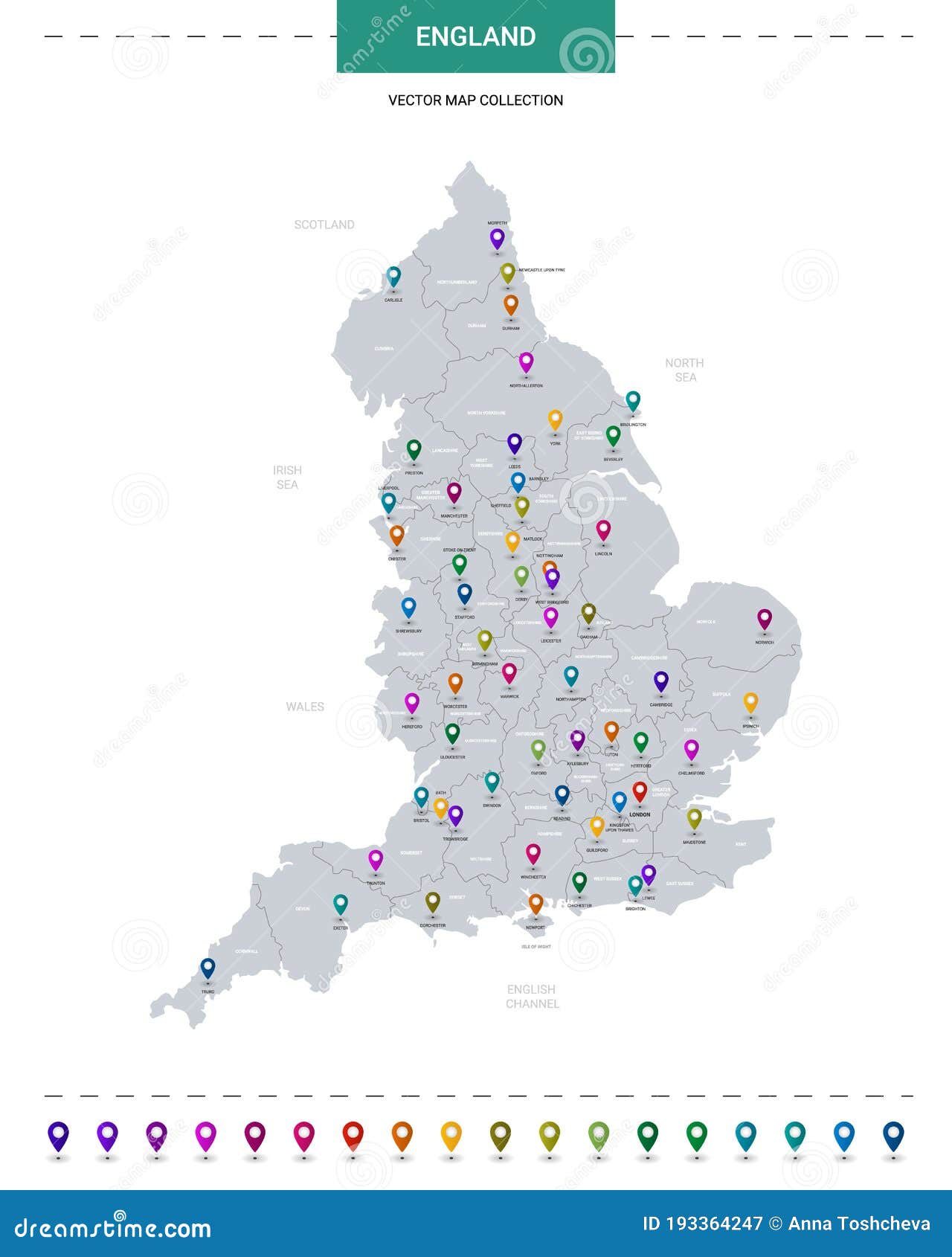 England Map with Location Pointer Marks. Stock Vector - Illustration of ...