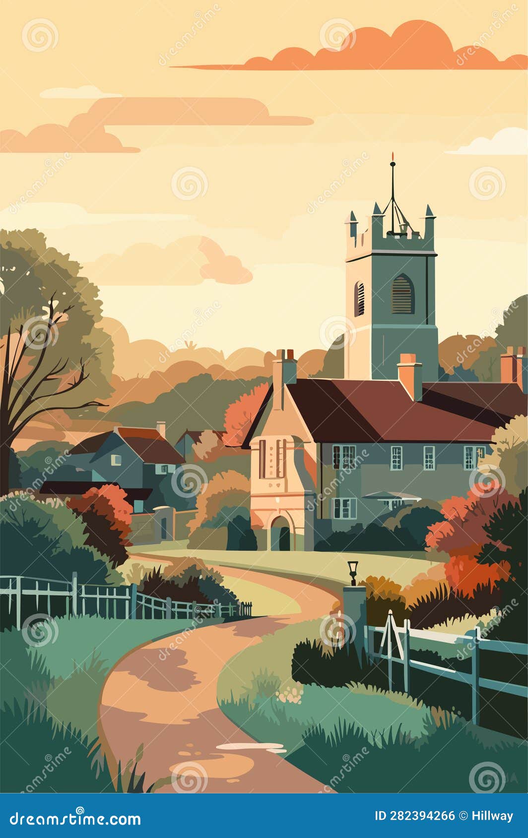 England Small Village in the Evening. Vector Flat Illustration Stock ...