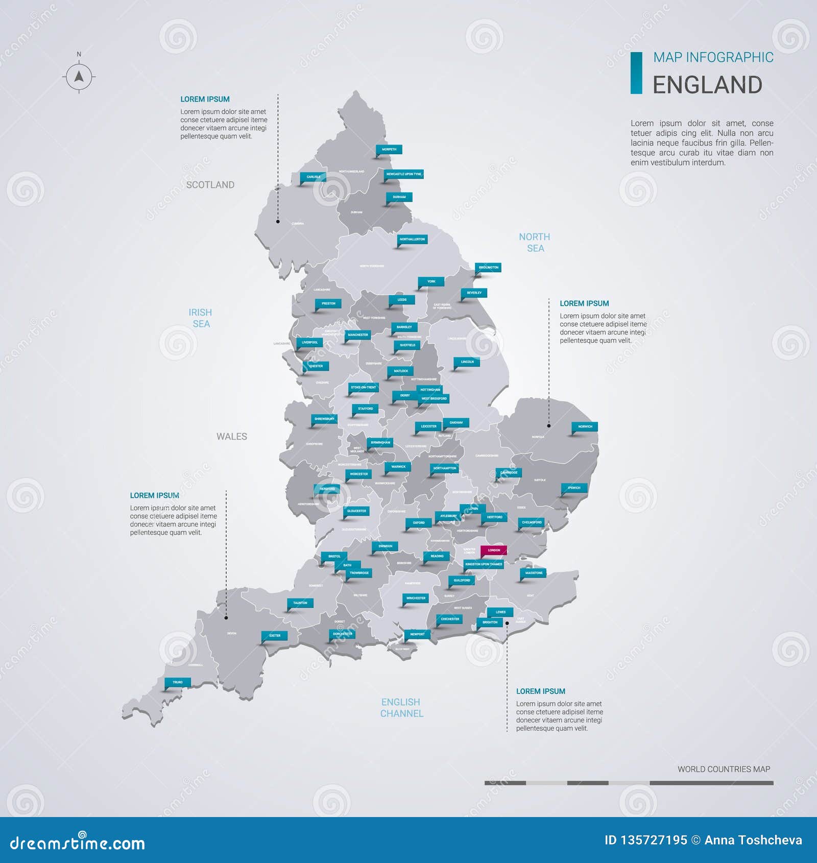 England Vector Map with Infographic Elements, Pointer Marks Stock ...