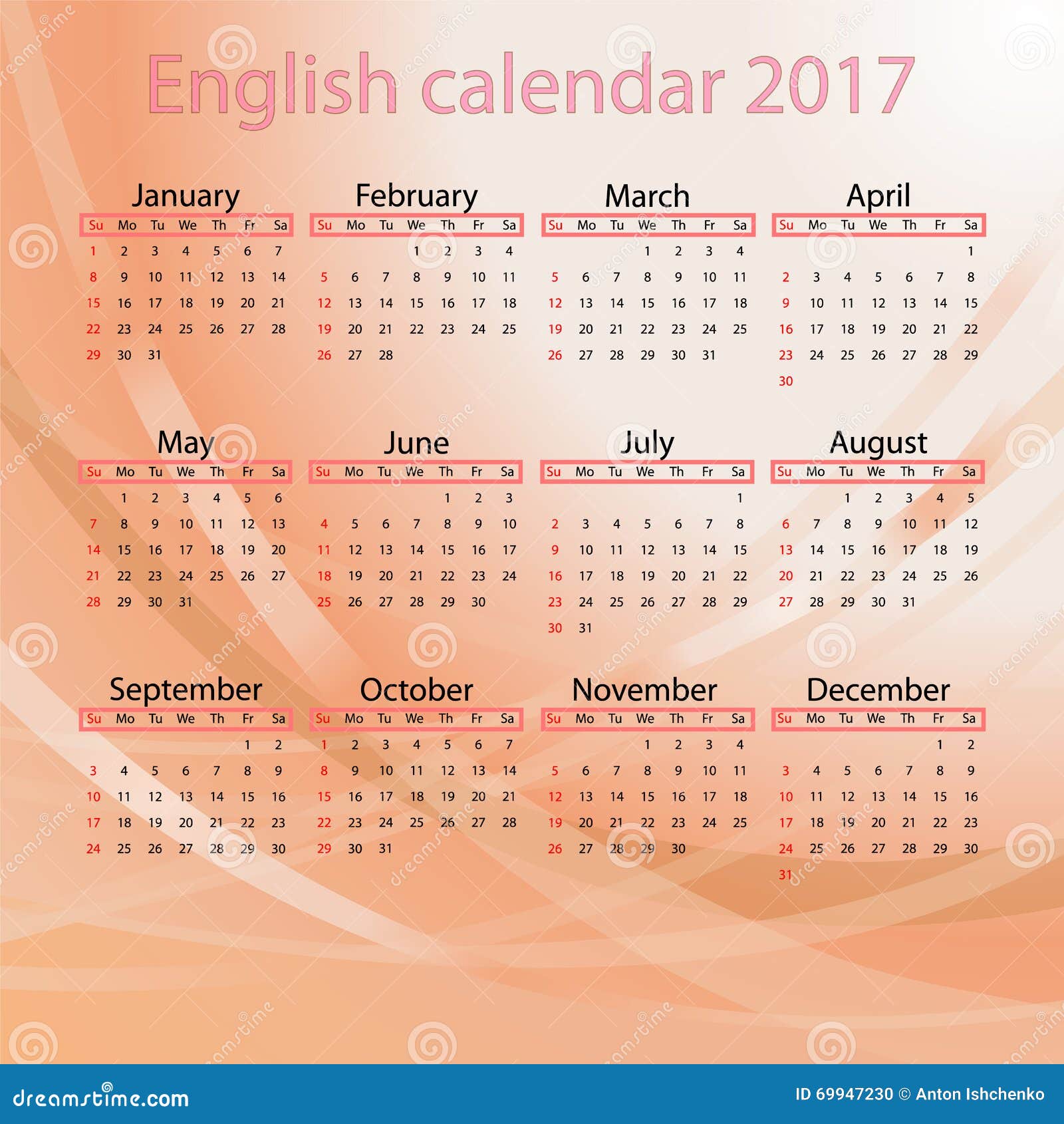 Englischer Kalender 2017 Auf Rotem Hintergrund Vektor Abbildung ...
