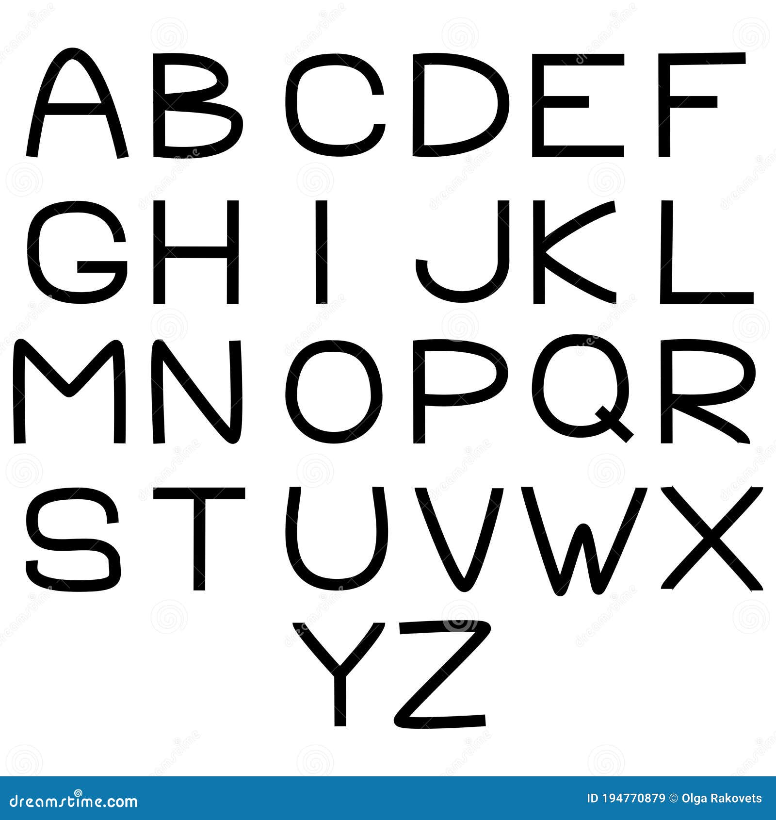 English Alphabet in Black with Strict Lines and Rounded Elements, a Set ...