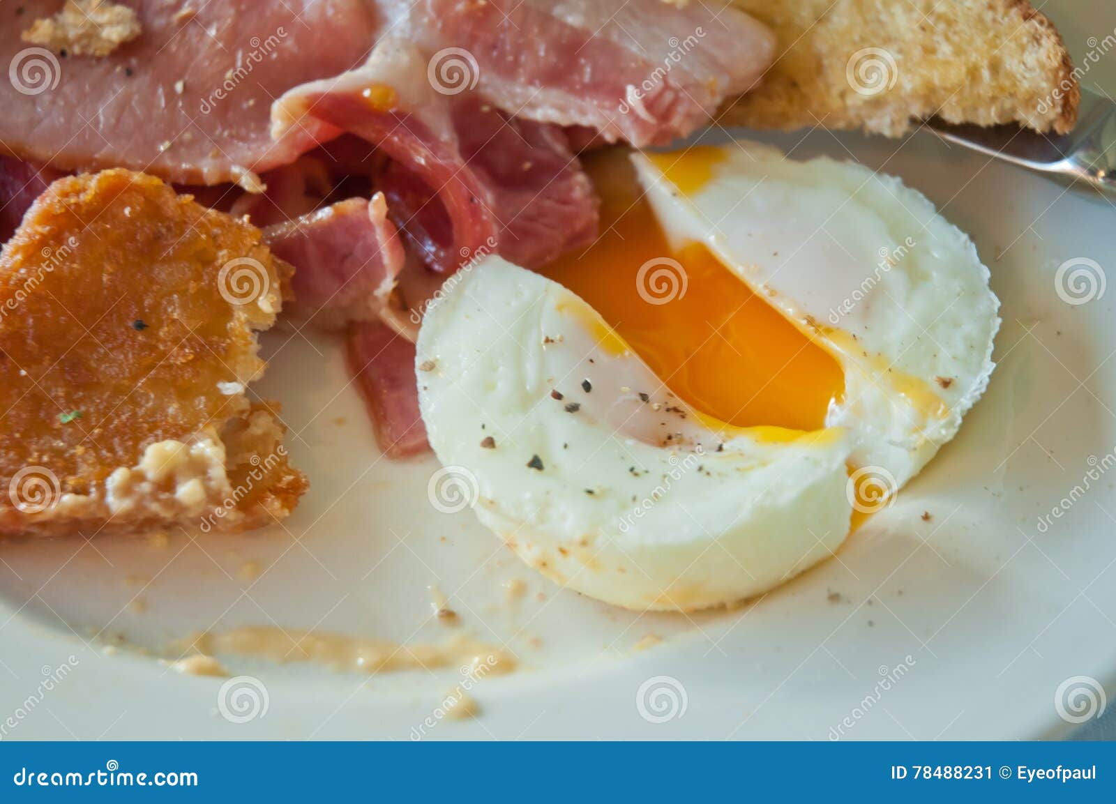 English Breakfast - Poached Yummy Half-cooked Eggs and Bacon Stock ...