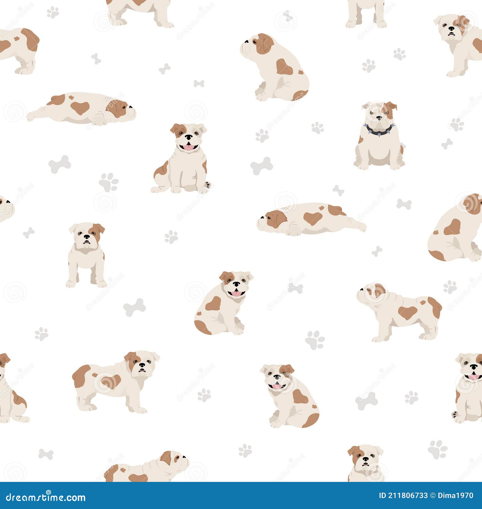 English Bulldog Seamless Pattern. Different Poses, Coat Colors Set ...