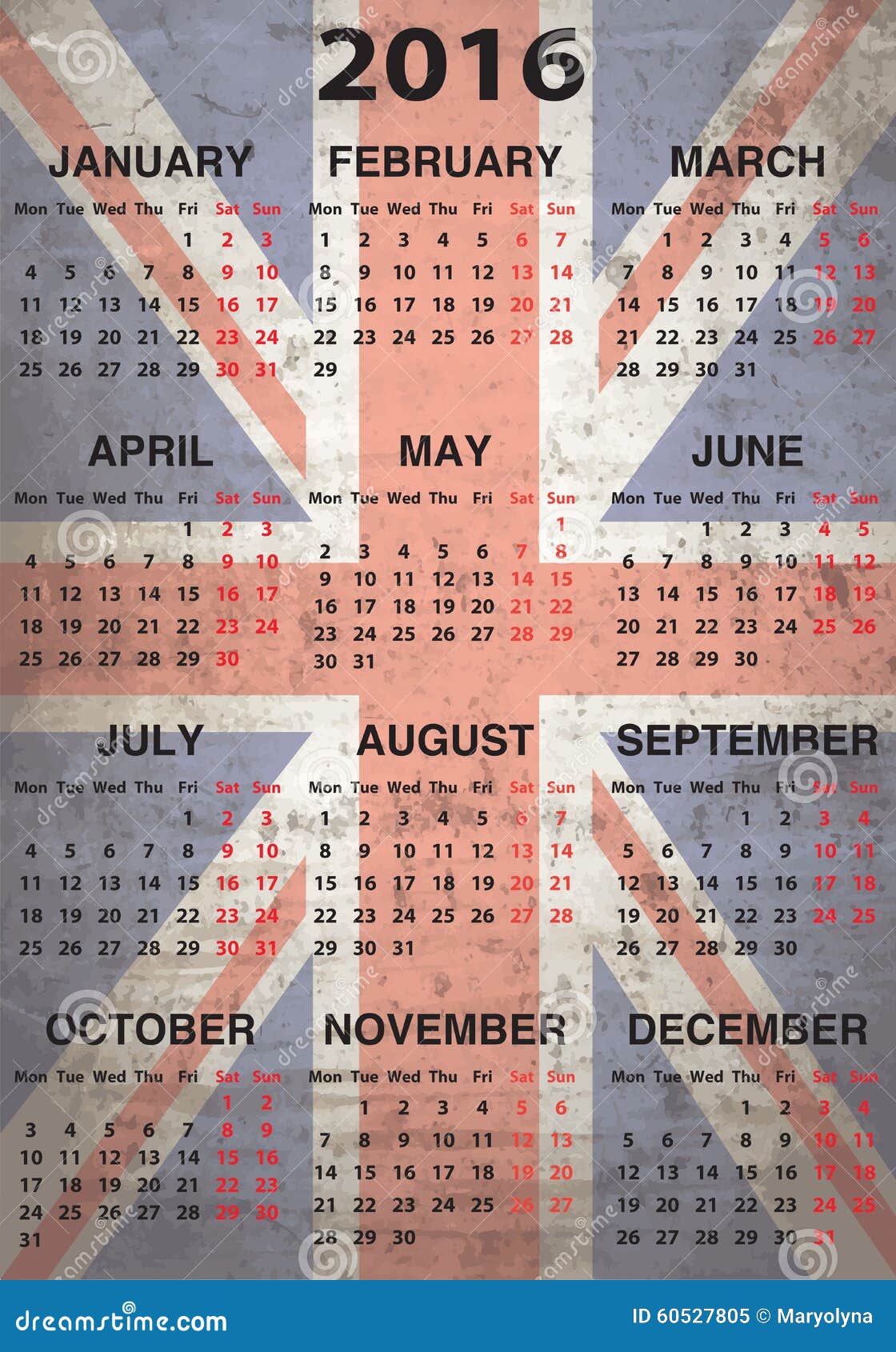 English calendar 2016 stock illustration. Illustration of europe - 60527805