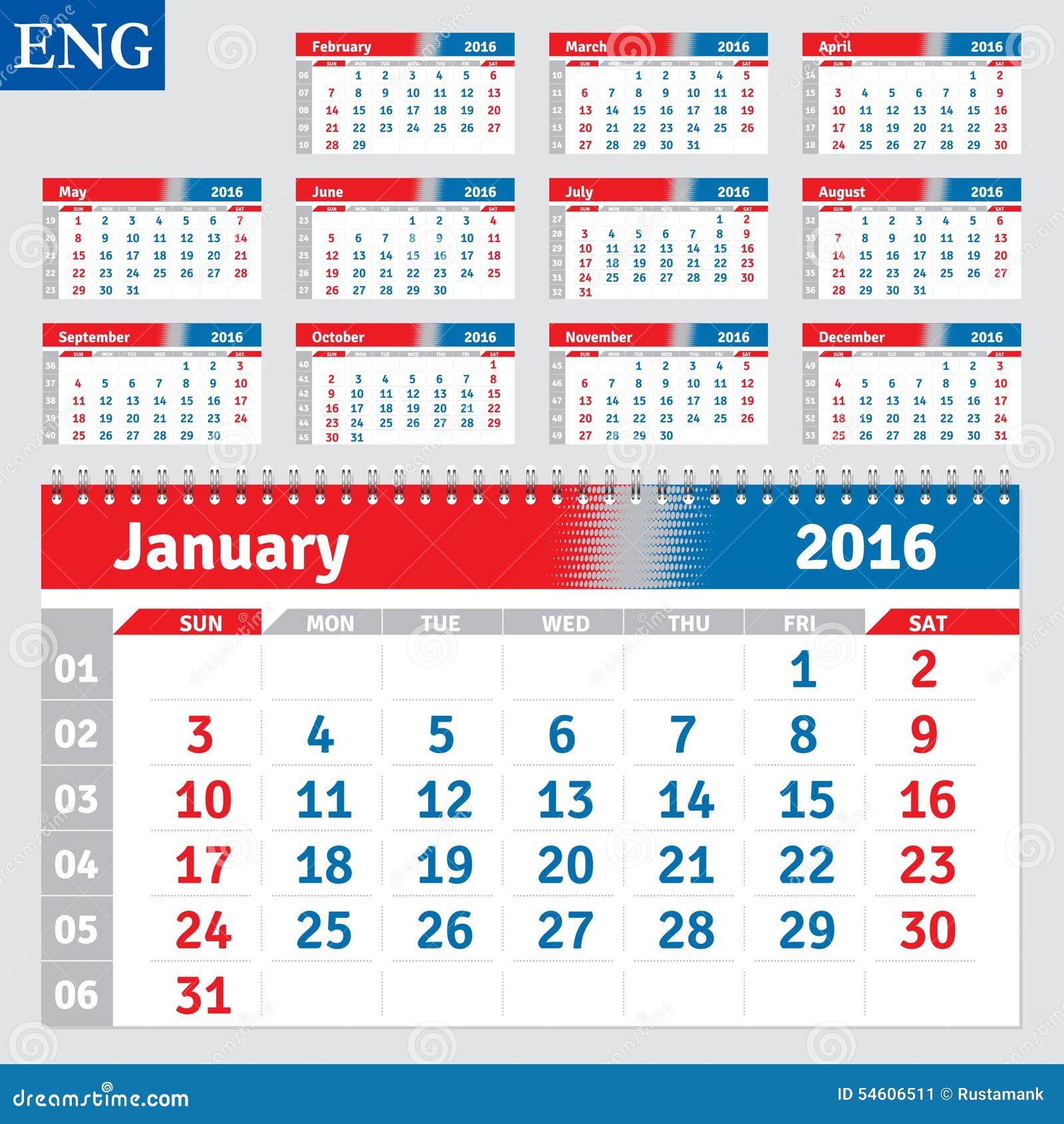 English calendar 2016 stock vector. Illustration of european - 54606511