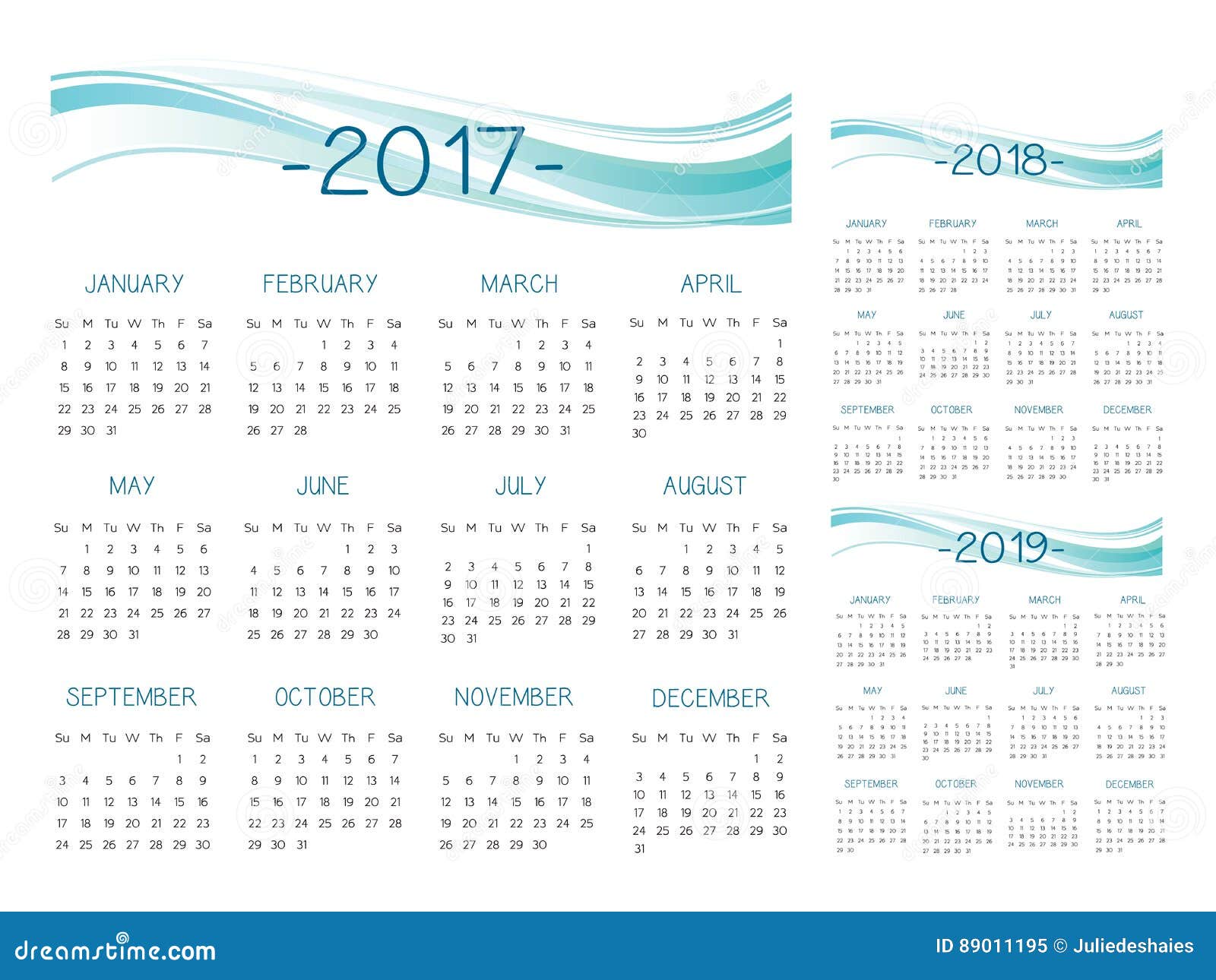 English Calendar 2017-2018-2019 Vector Stock Vector - Illustration of ...