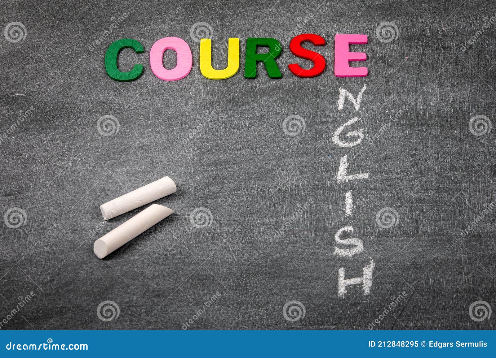 English Course Concept. Colored Letters of the Alphabet on a Dark Chalk ...