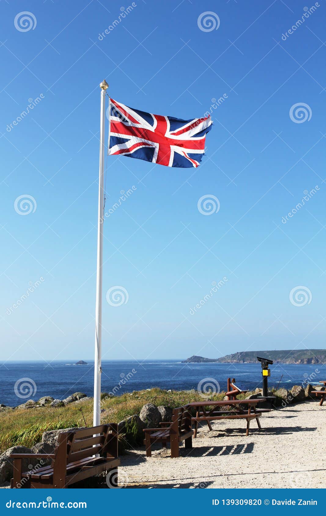 English Flag Waving on Lands` End. Cornwall, UK Stock Photo - Image of ...