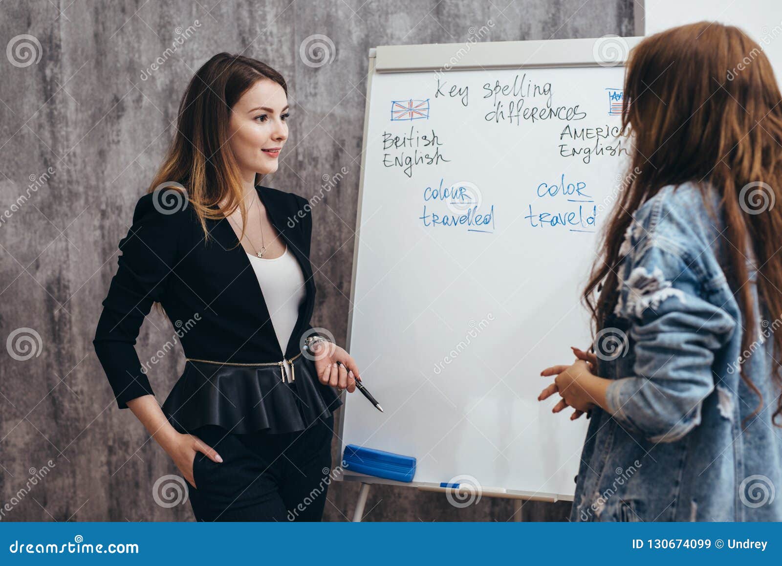 English Language School. Lesson, Teacher and Student Talking. Stock ...