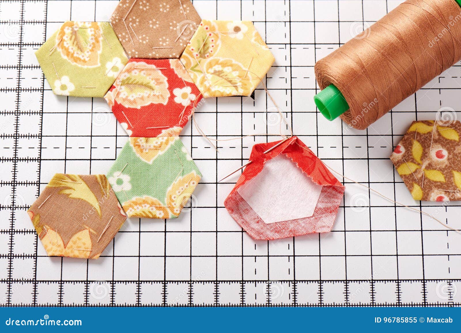 English Paper Pieced Hexagons on White Craft Mat Stock Image - Image of ...