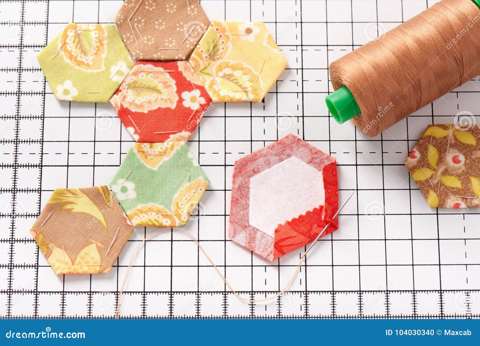 English Paper Pieced Hexagons on White Craft Mat Stock Photo - Image of ...