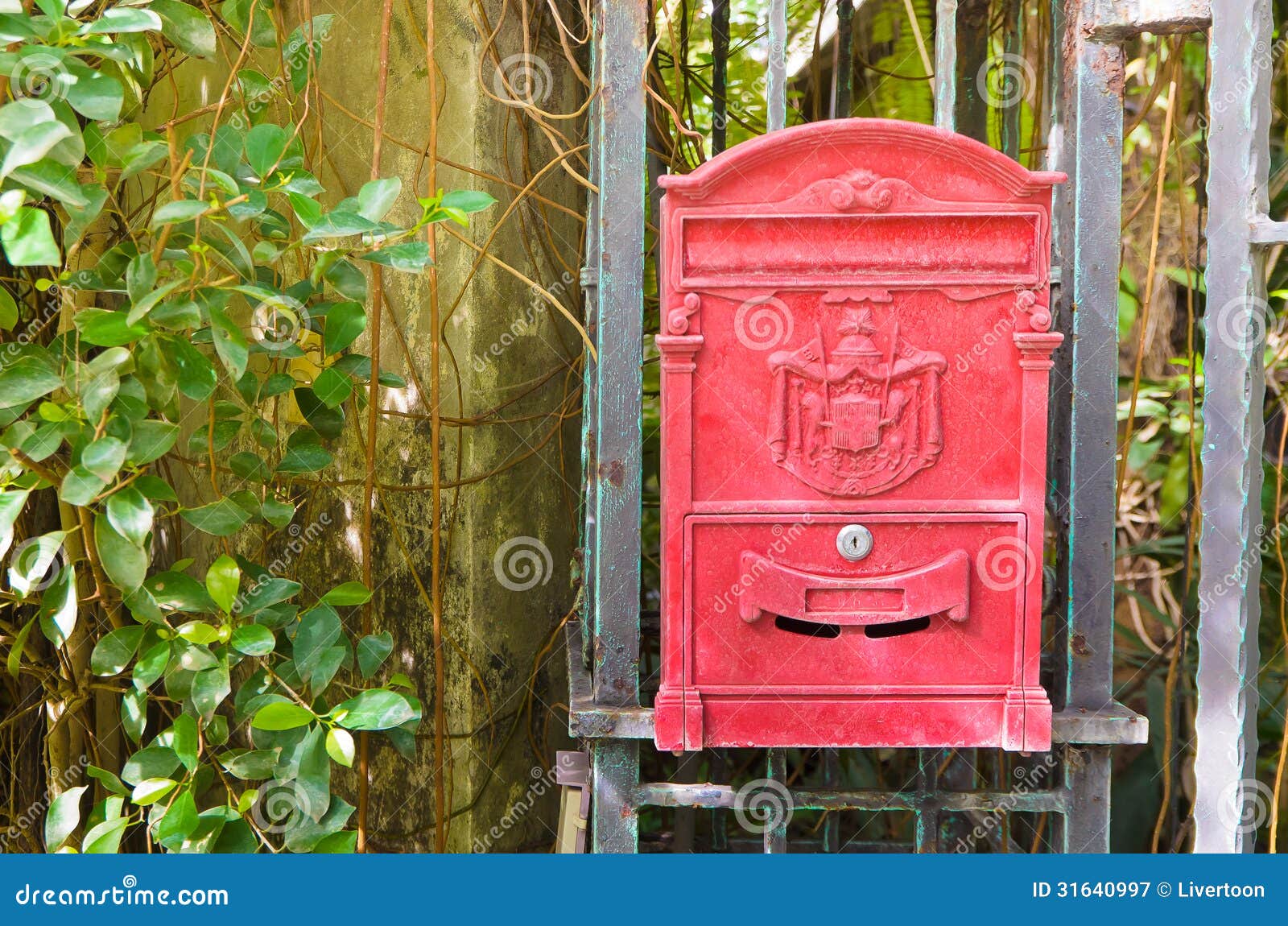 English Red Mailbox Hang on Gate Stock Image - Image of wall, royalty ...
