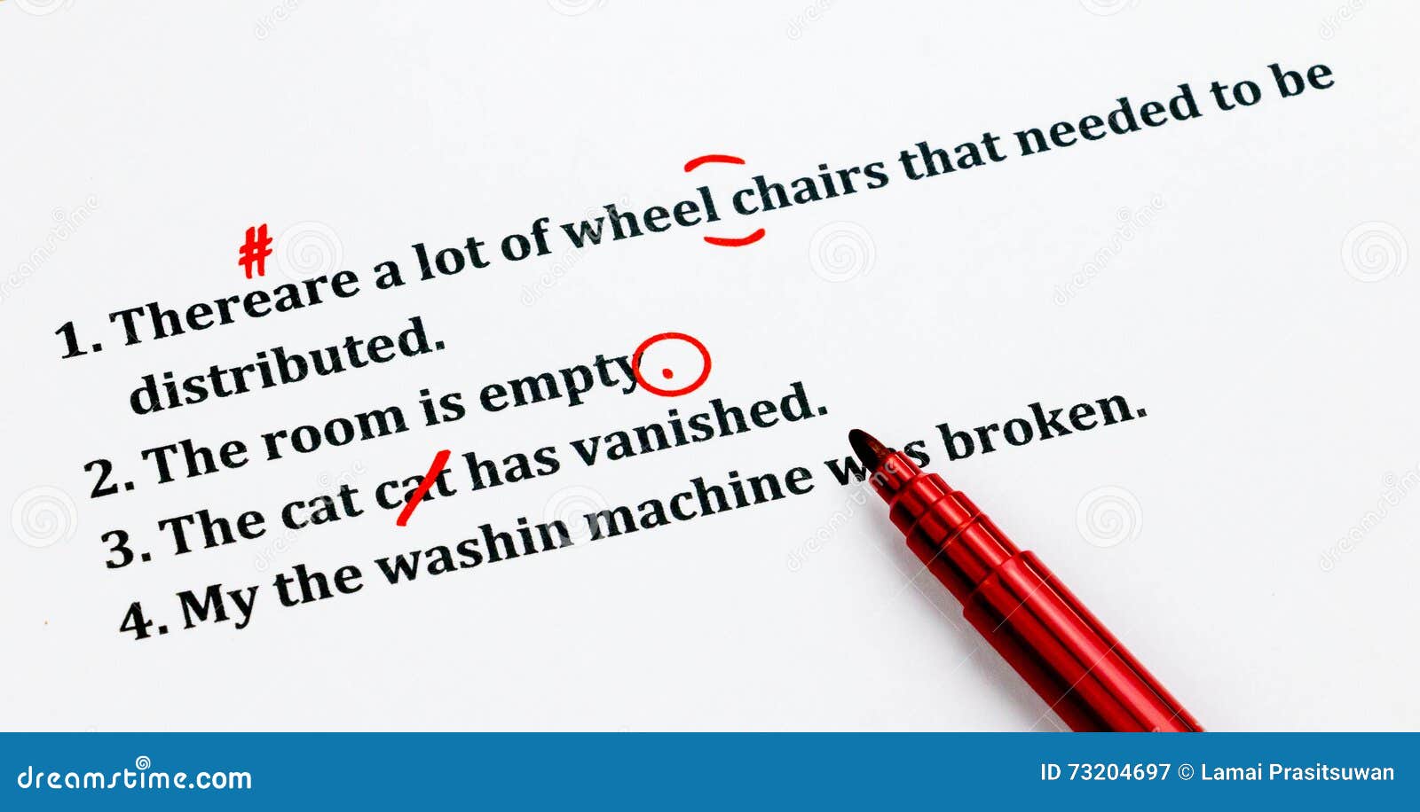 English Sentences and Correcting Symbols on White Sheet Stock Image ...