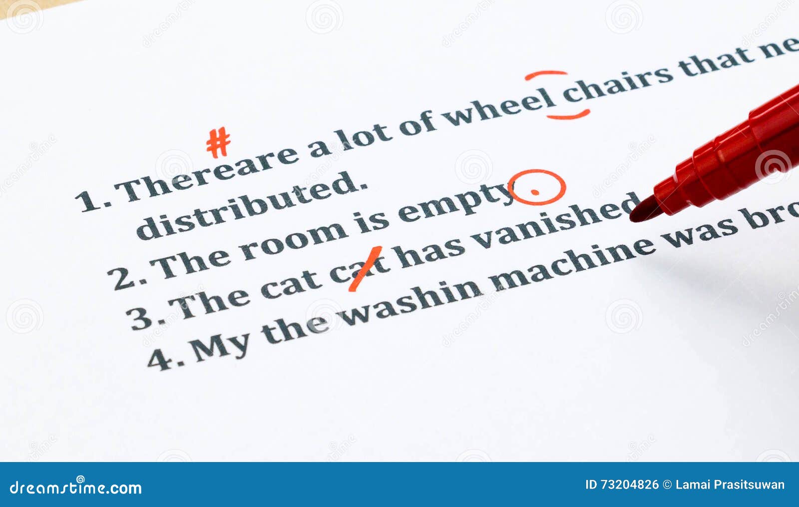 English Sentences And Correcting Symbols On White Sheet Stock ...