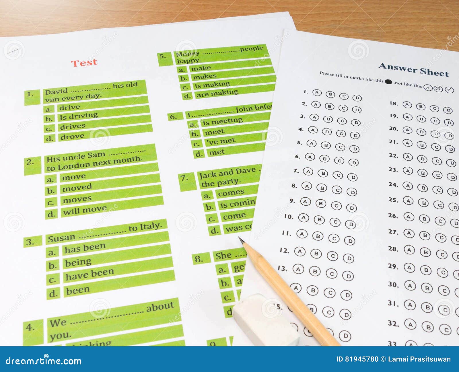 English Test and Answer Sheet Stock Photo - Image of study, british ...