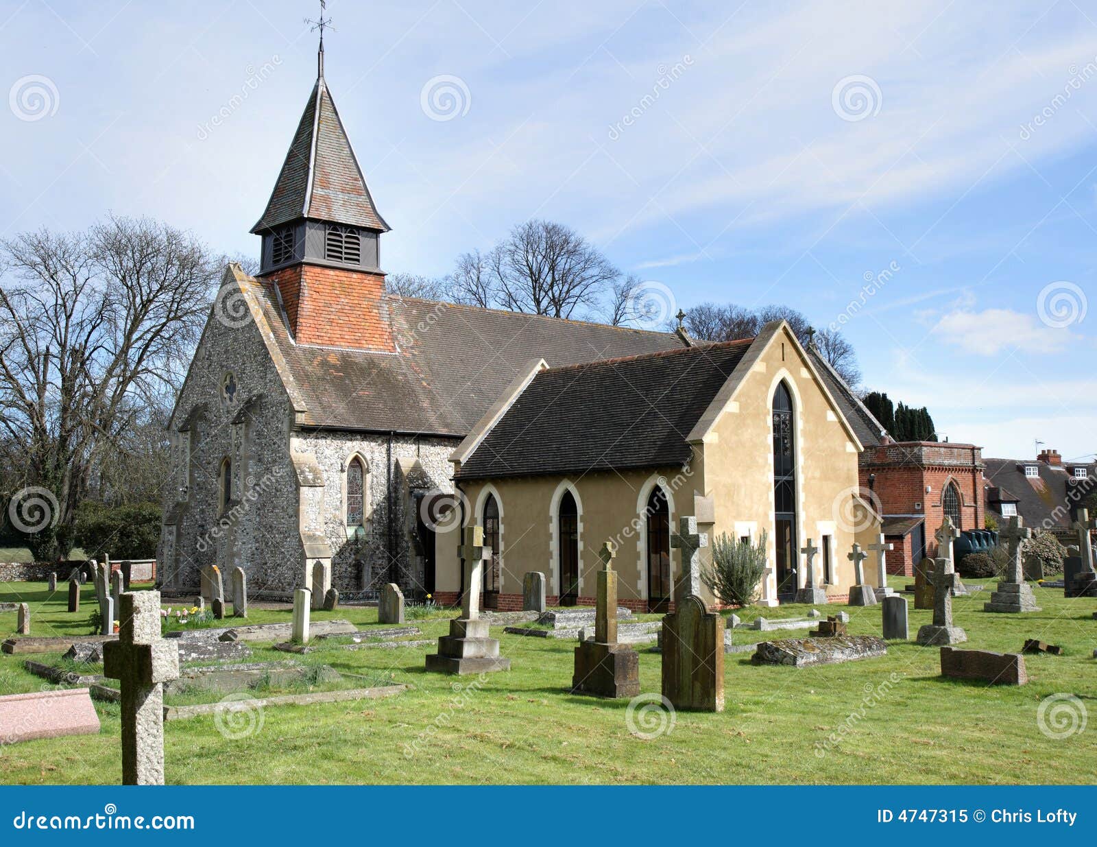 English Village Church and Graveyard Stock Image - Image of spire ...