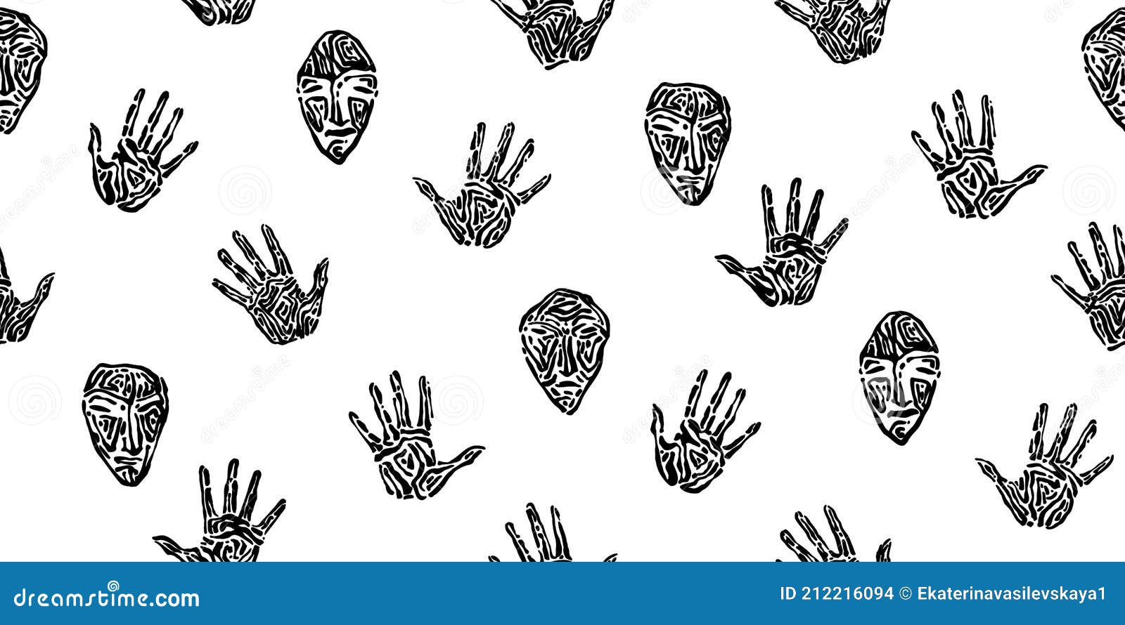 Engraved Ancient Handprint and Mask Seamless Pattern. Endless Hand ...