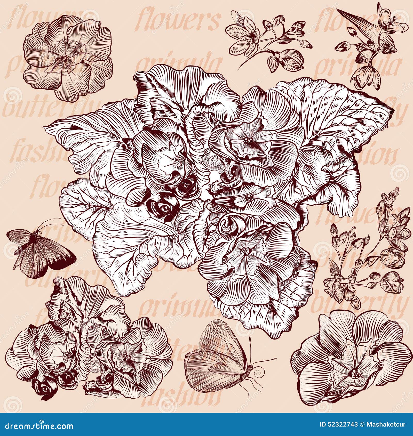 Engraved Flowers Set for Design Stock Vector - Illustration of curl ...