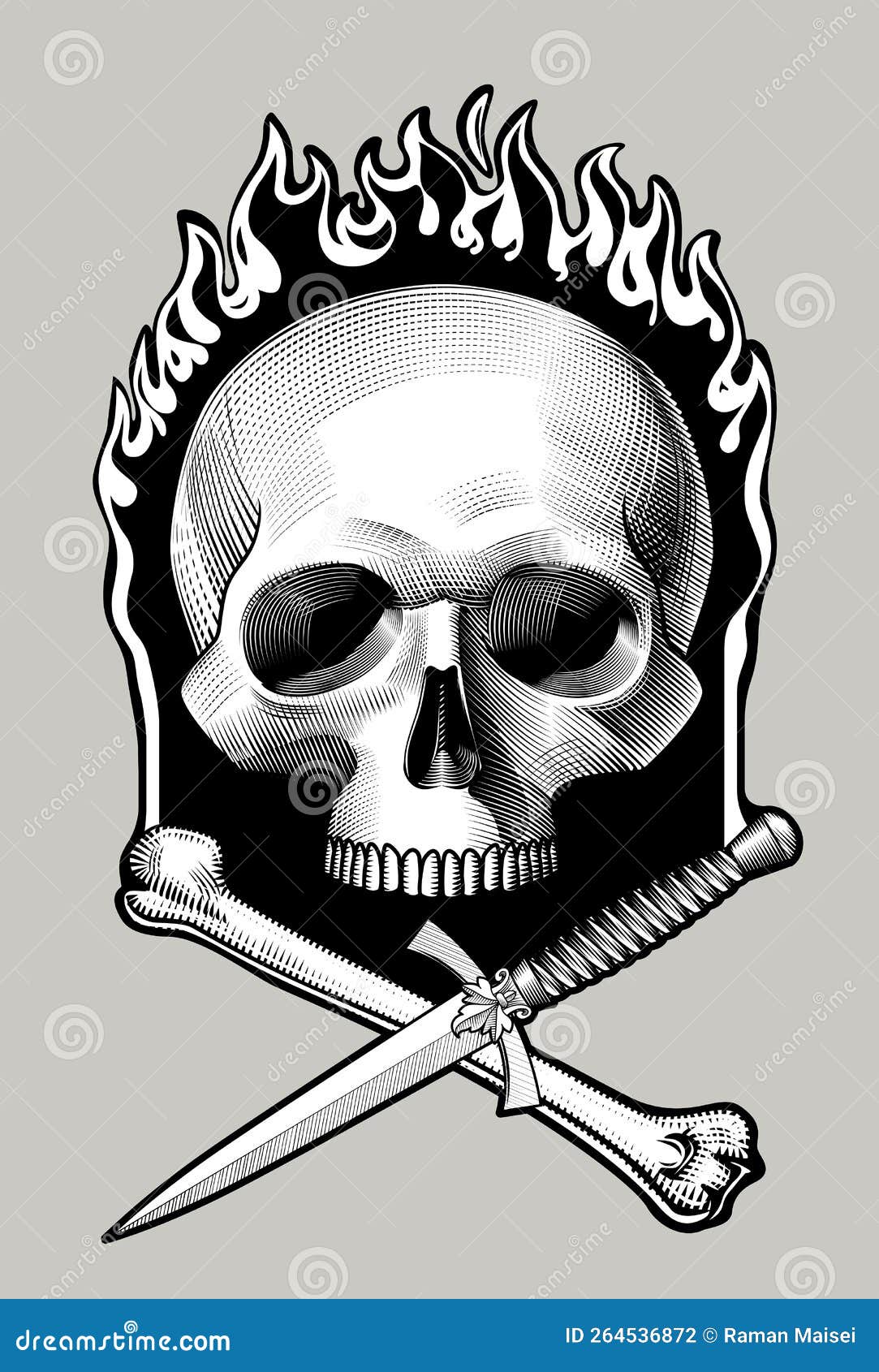 Engraved Human Skull Full Face with Crossed Dagger and Bone in a Ring ...
