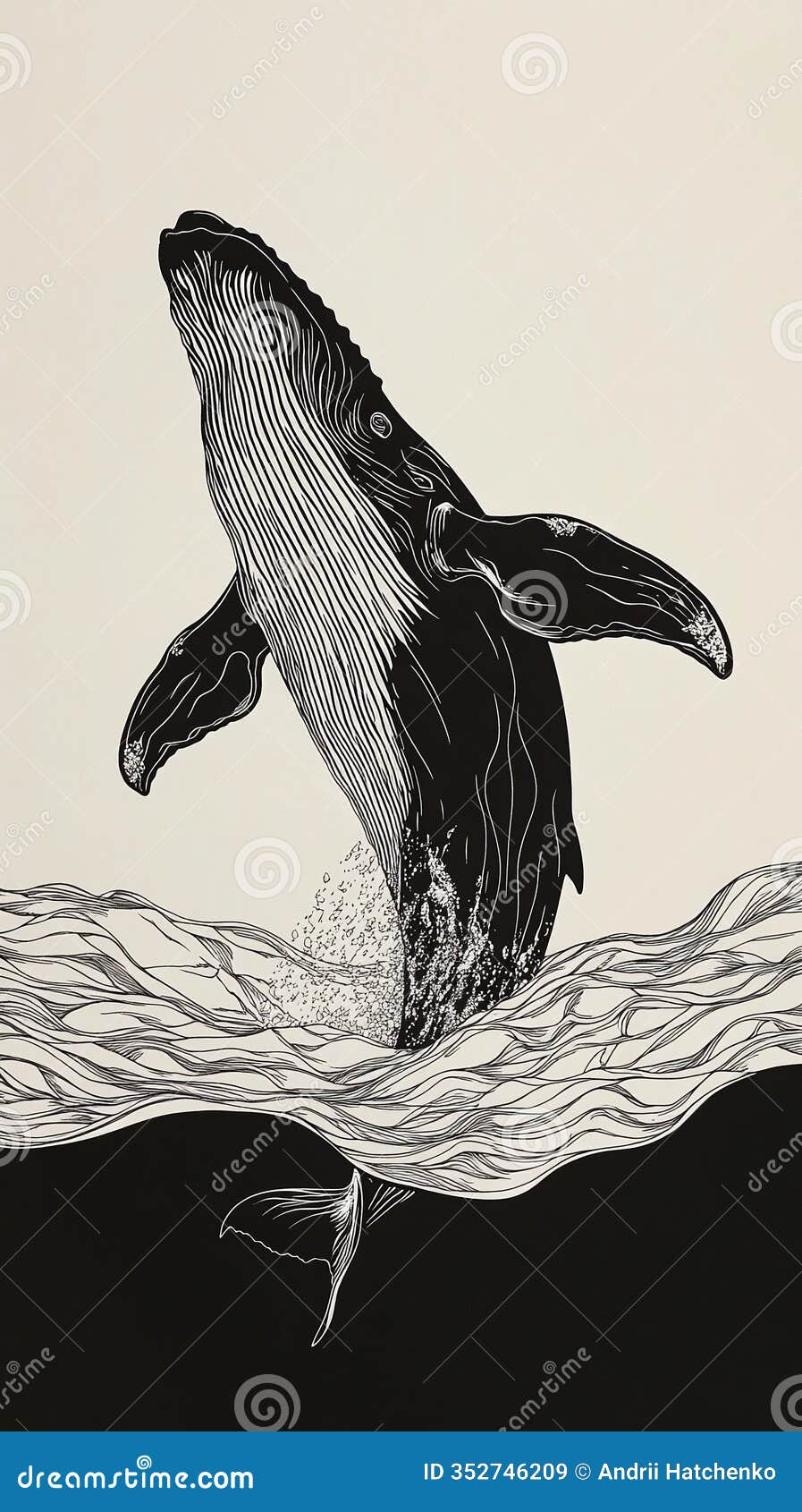 Engraved Illustration of a Whale Breaching the Ocean Surface. Stock ...