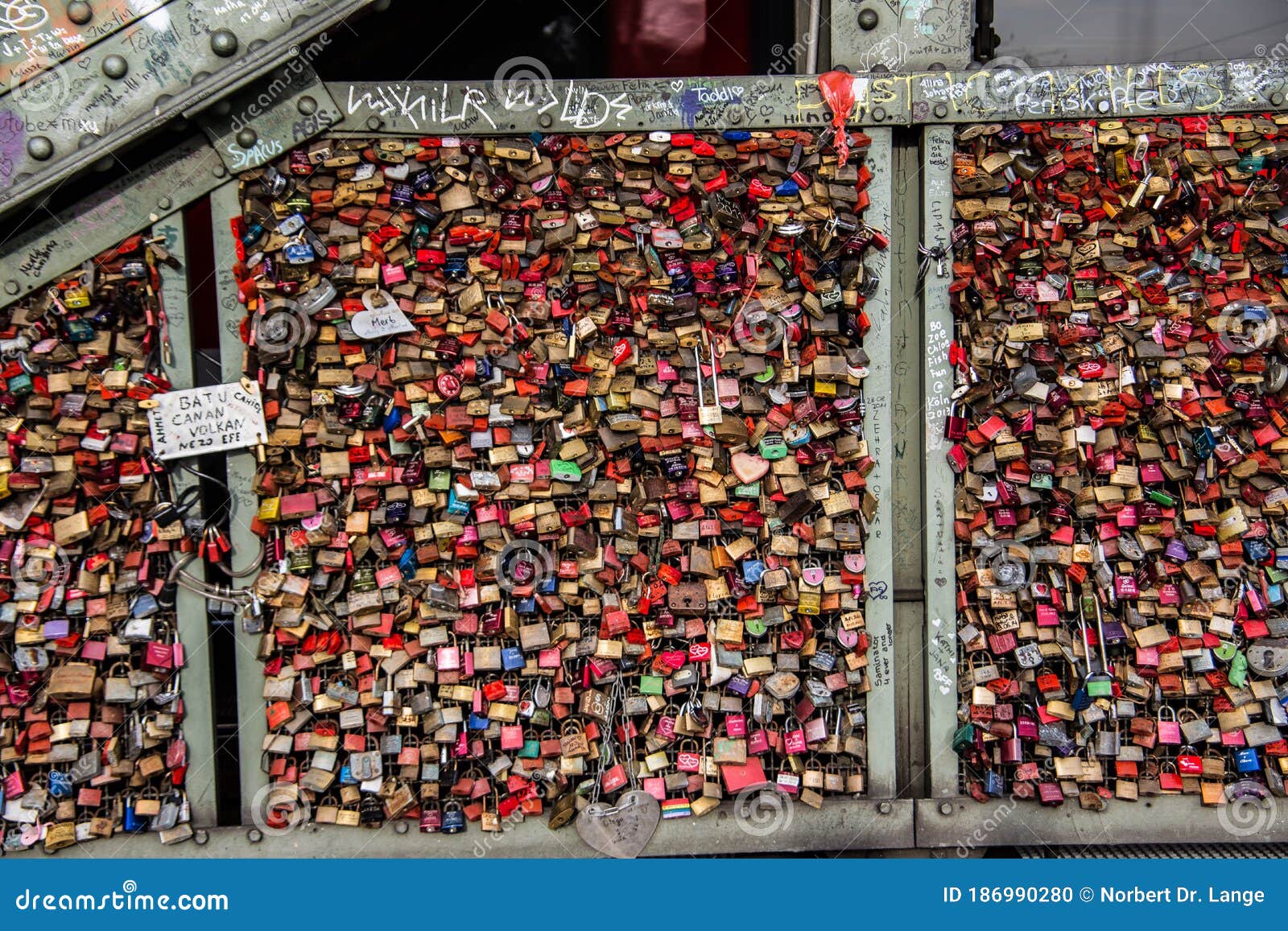 Engraved locks on railings stock photo. Image of colorful - 186990280