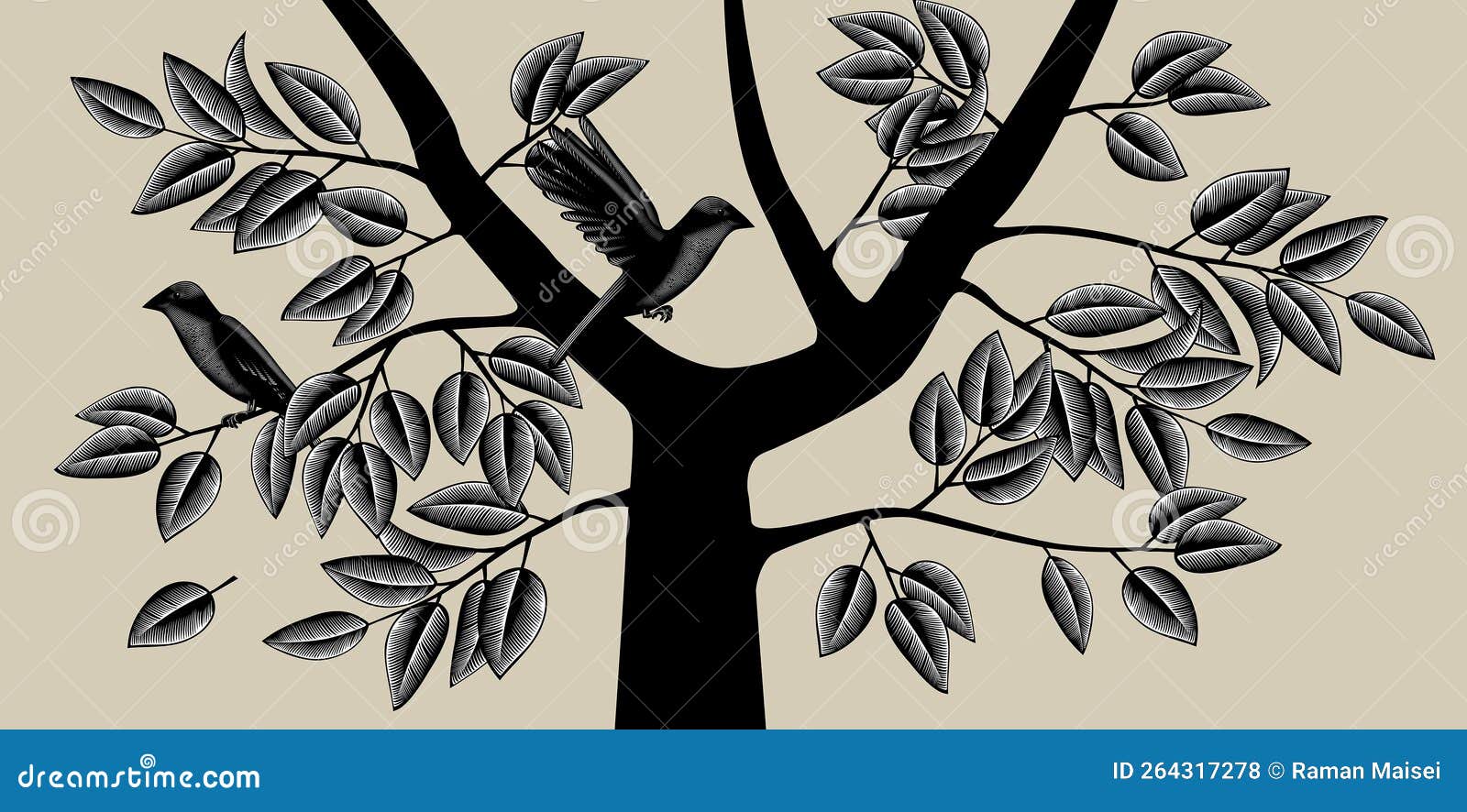 Engraved Vintage Drawing of Tree Trunk with Branches and Leaves and ...