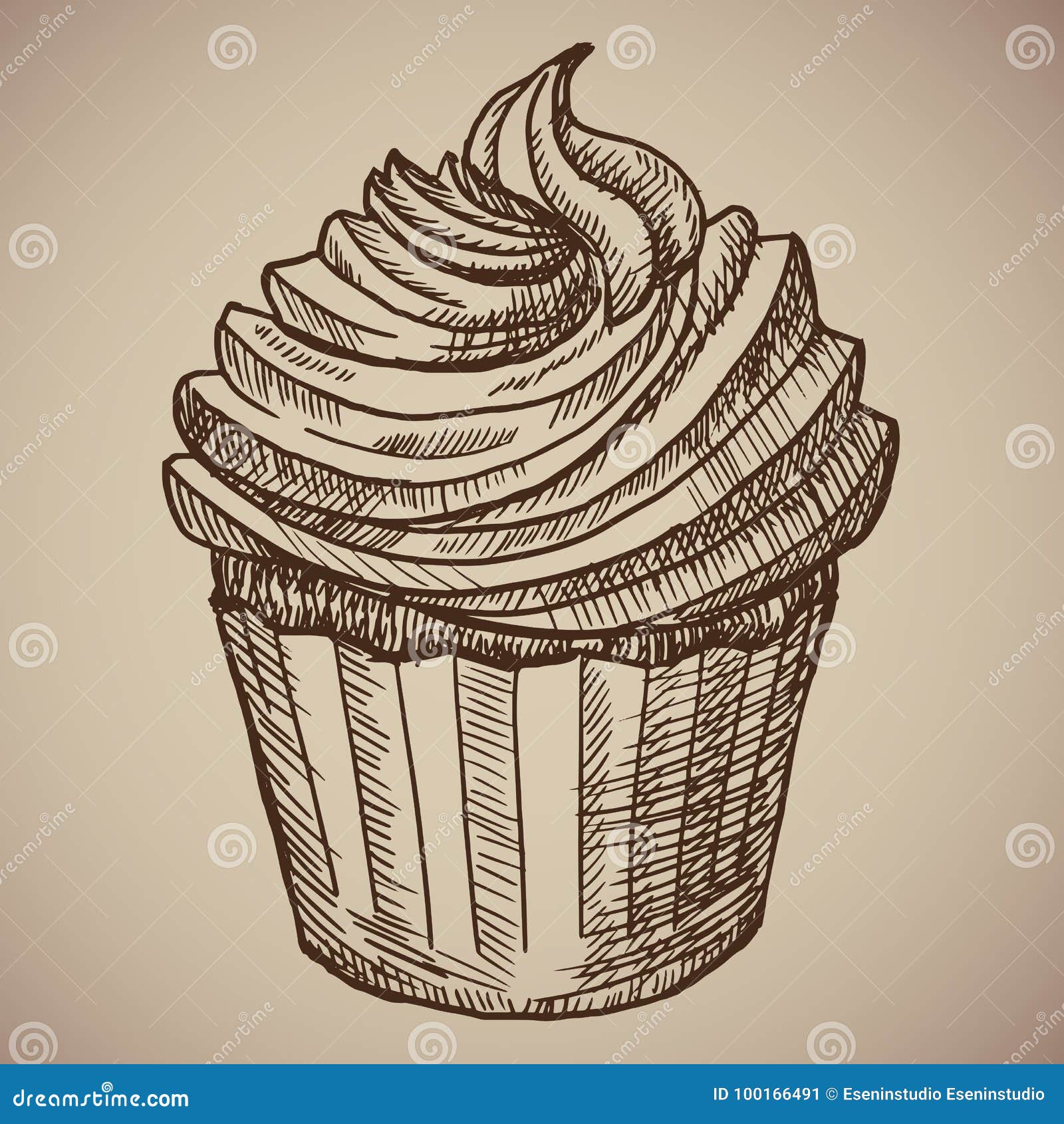 Engraving Cupcake. Sweet Chocolate Cake for Breakfast Stock Vector ...