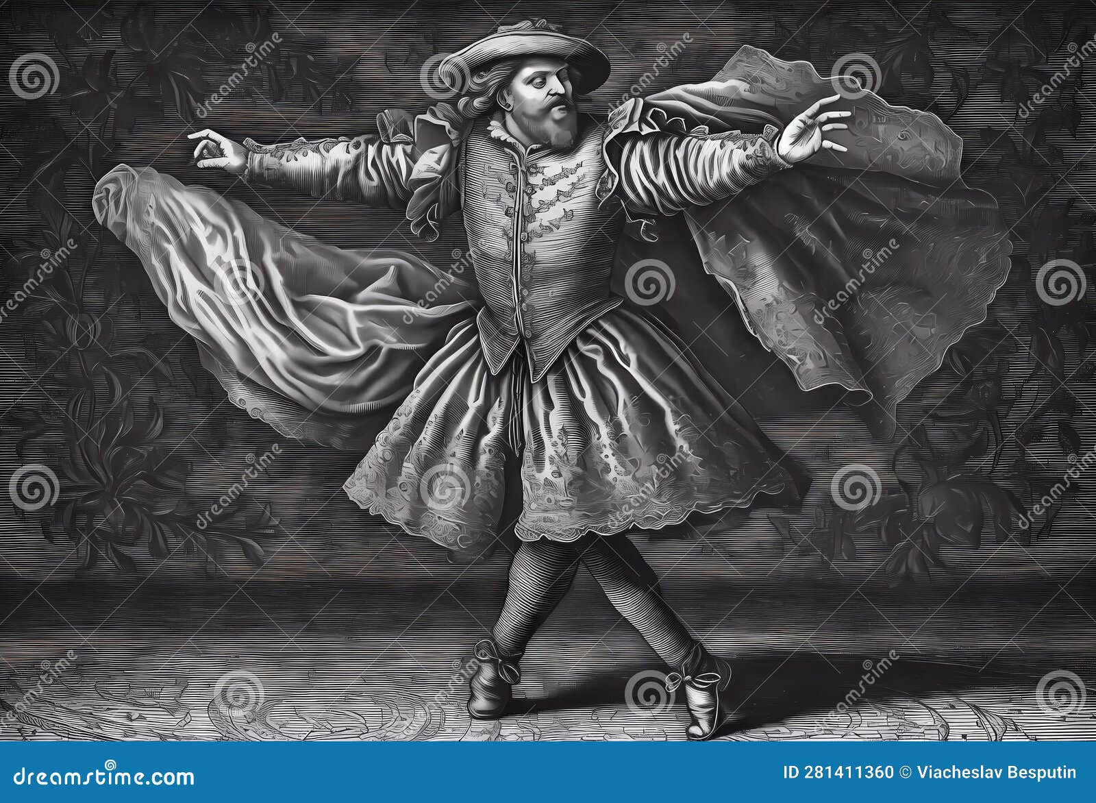 Engraving of a Dancing Medieval Man. Stock Illustration - Illustration ...