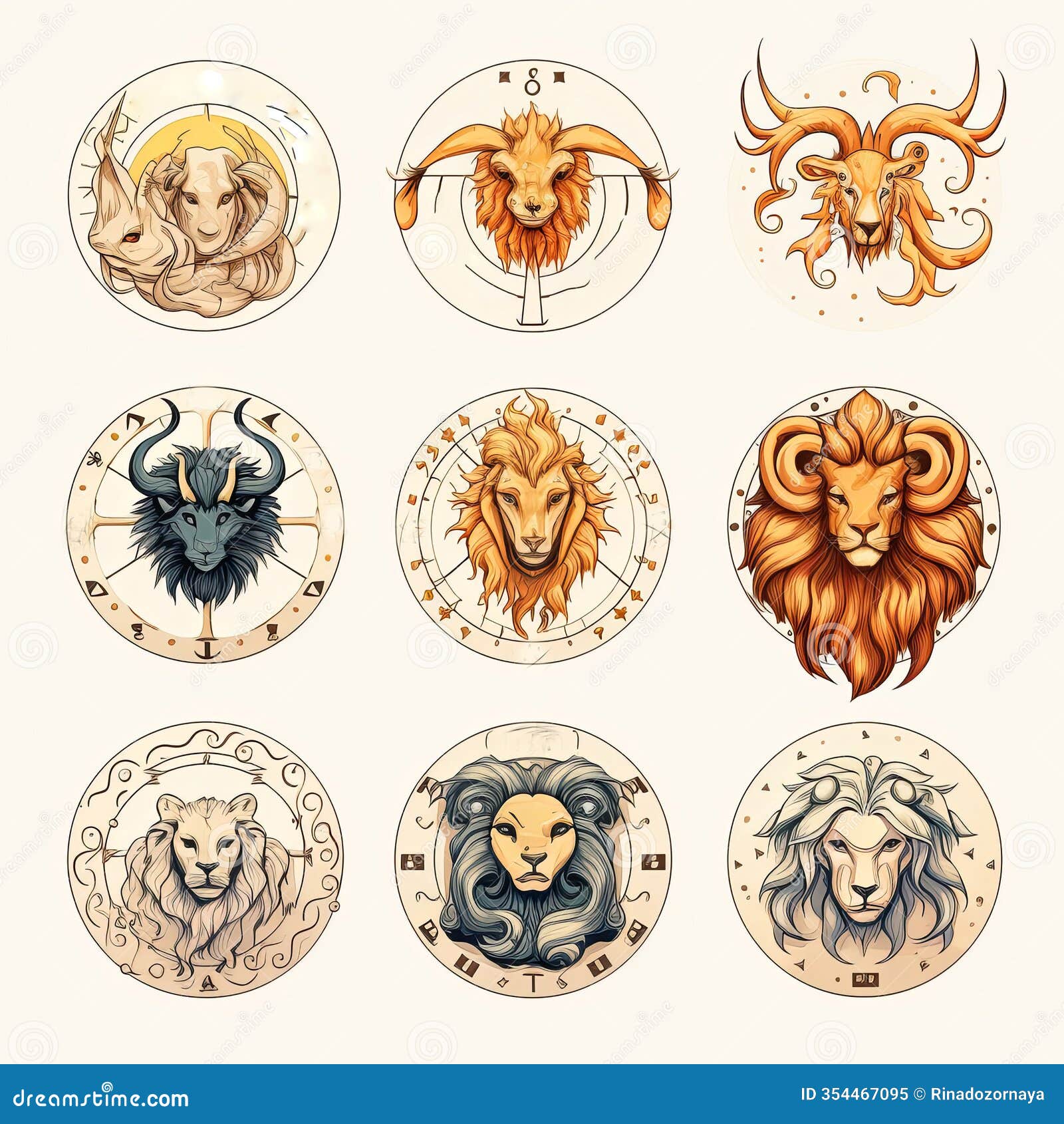 Engraving Illustration Set Featuring Nine Unique and Intricate Lion ...