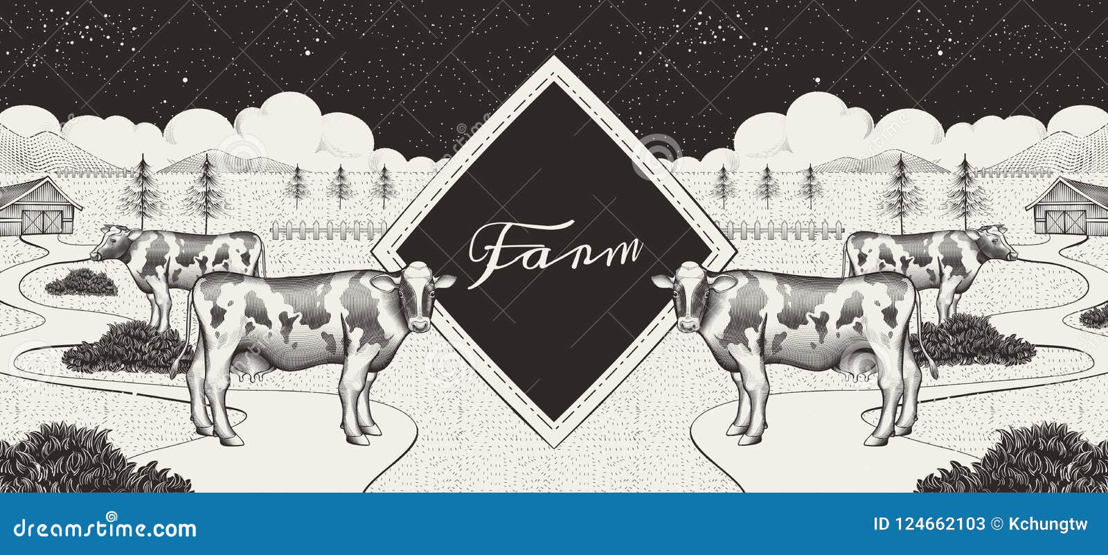 Engraving Style Farmland and Cattle Stock Vector - Illustration of ...