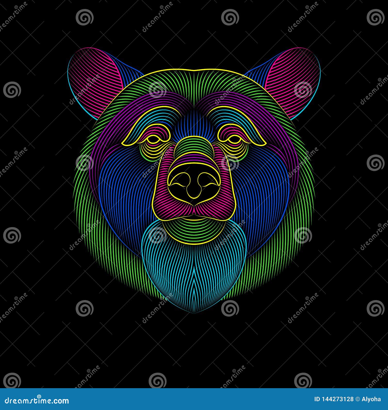 Engraving of Stylized Psychedelic Bear on Black Background Stock Vector ...